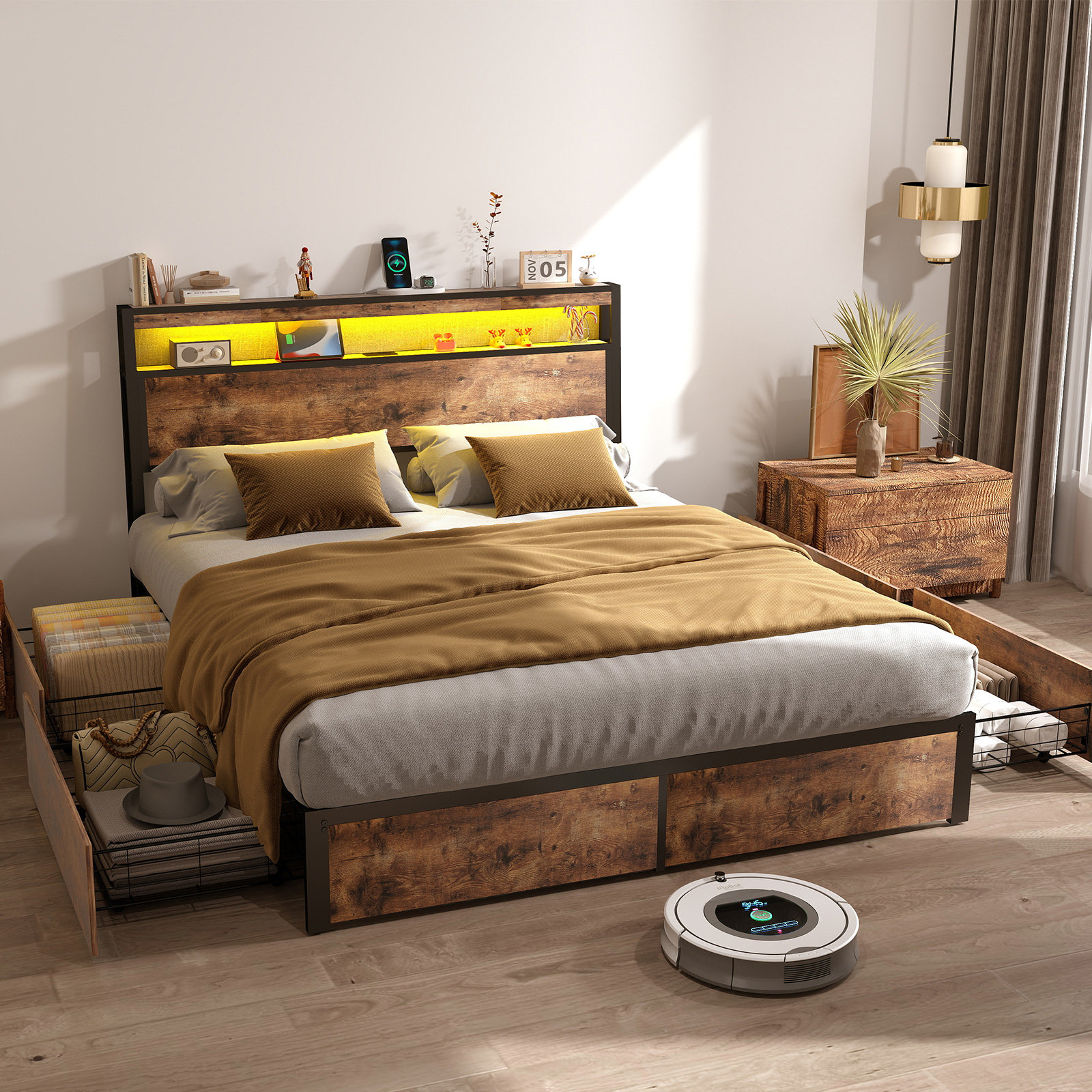 Wrought Studio Bed Frame With 4 Storage Drawers And 2-tier Solid Wood ...