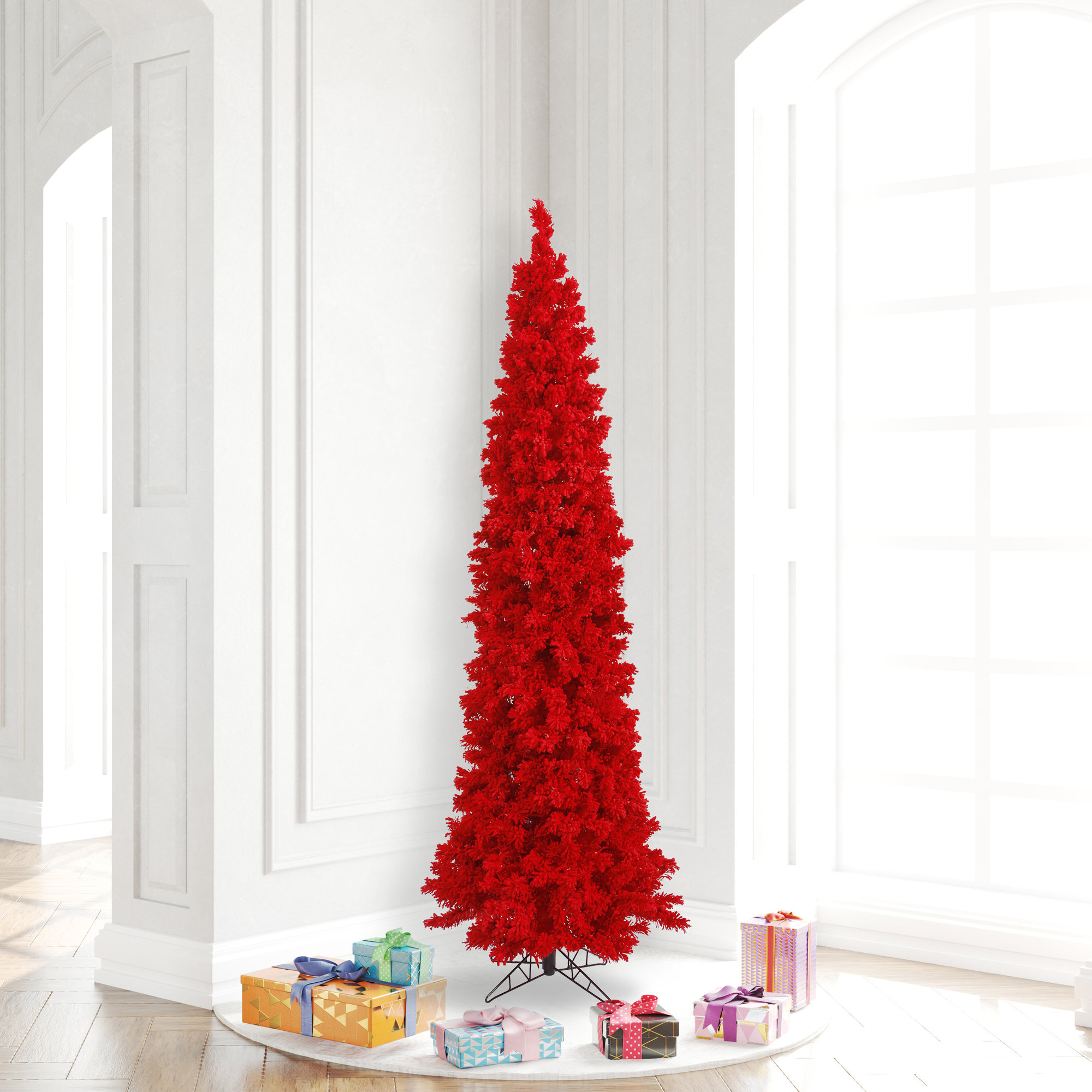 Hashtag Home Flocked Red Fir Pencil Artificial Christmas Tree with 250 ...