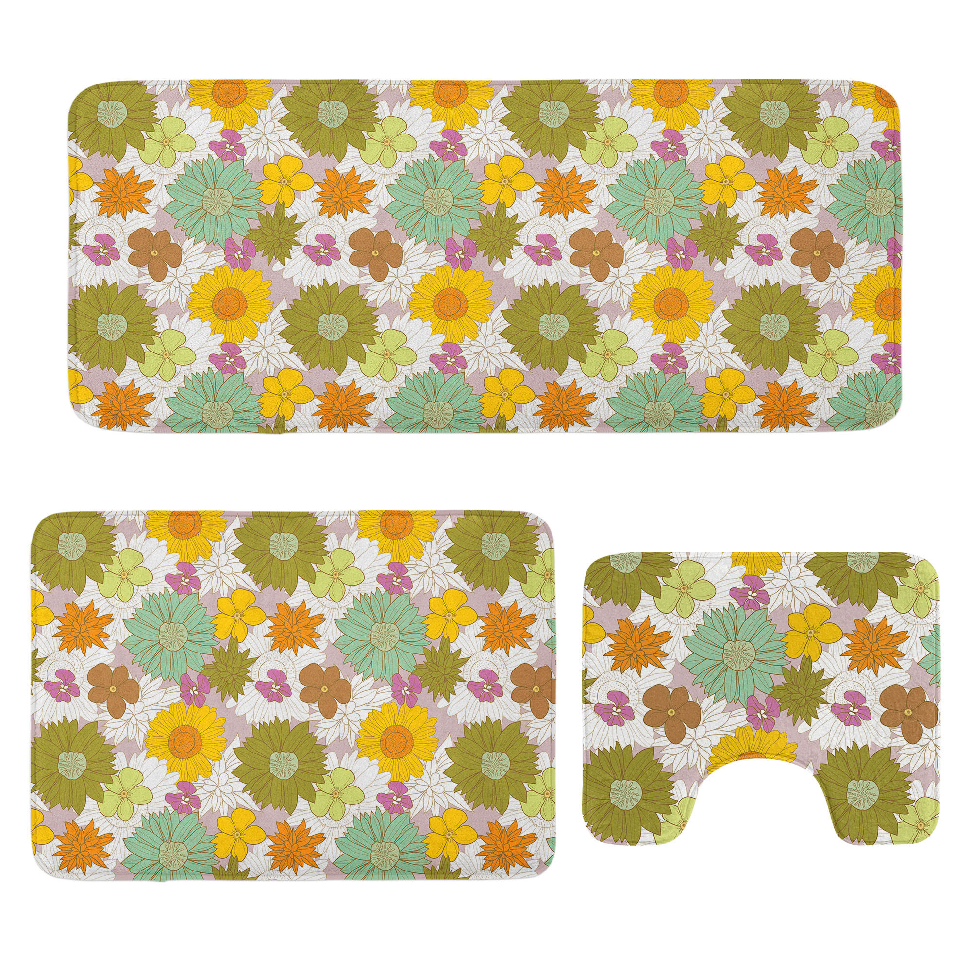 Dakota Fields Flower Bathroom Rug Set 3 Pieces U-Shape & Rectangle Mats ...