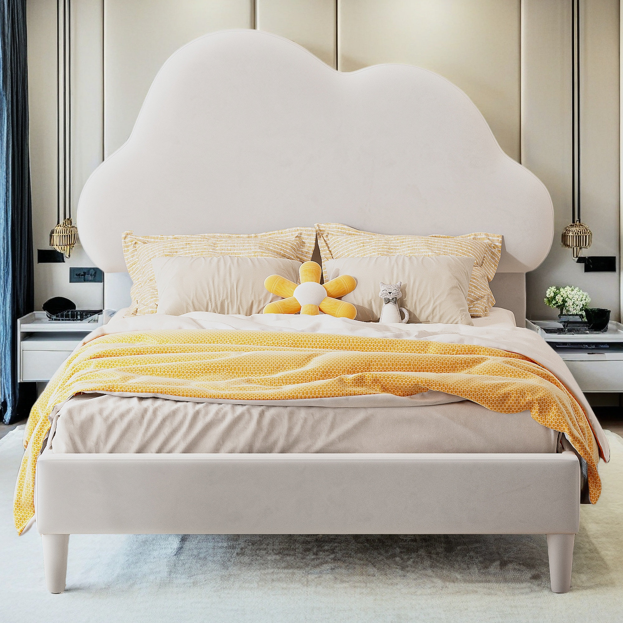 Mercer41 Twin Size Upholstered Cloud-Shape Bed ,Velvet Platform Bed ...