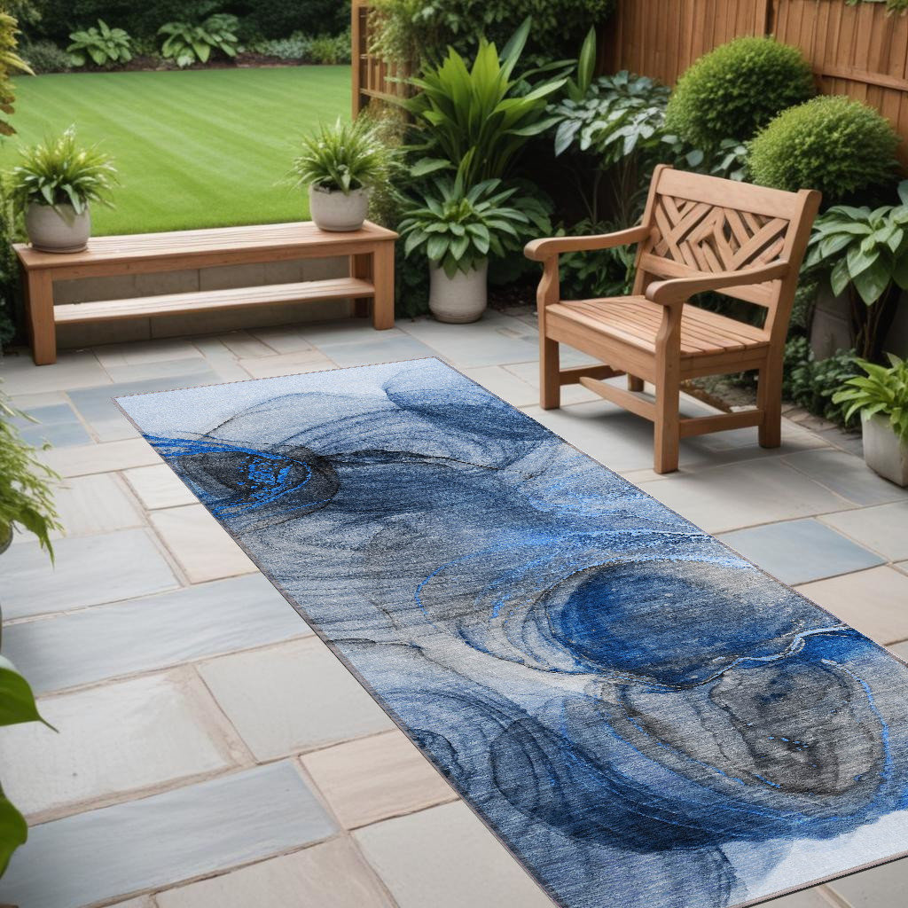 HomeRoots 8' Runner Ivory Blue and Grey Abstract Washable Non Skid ...
