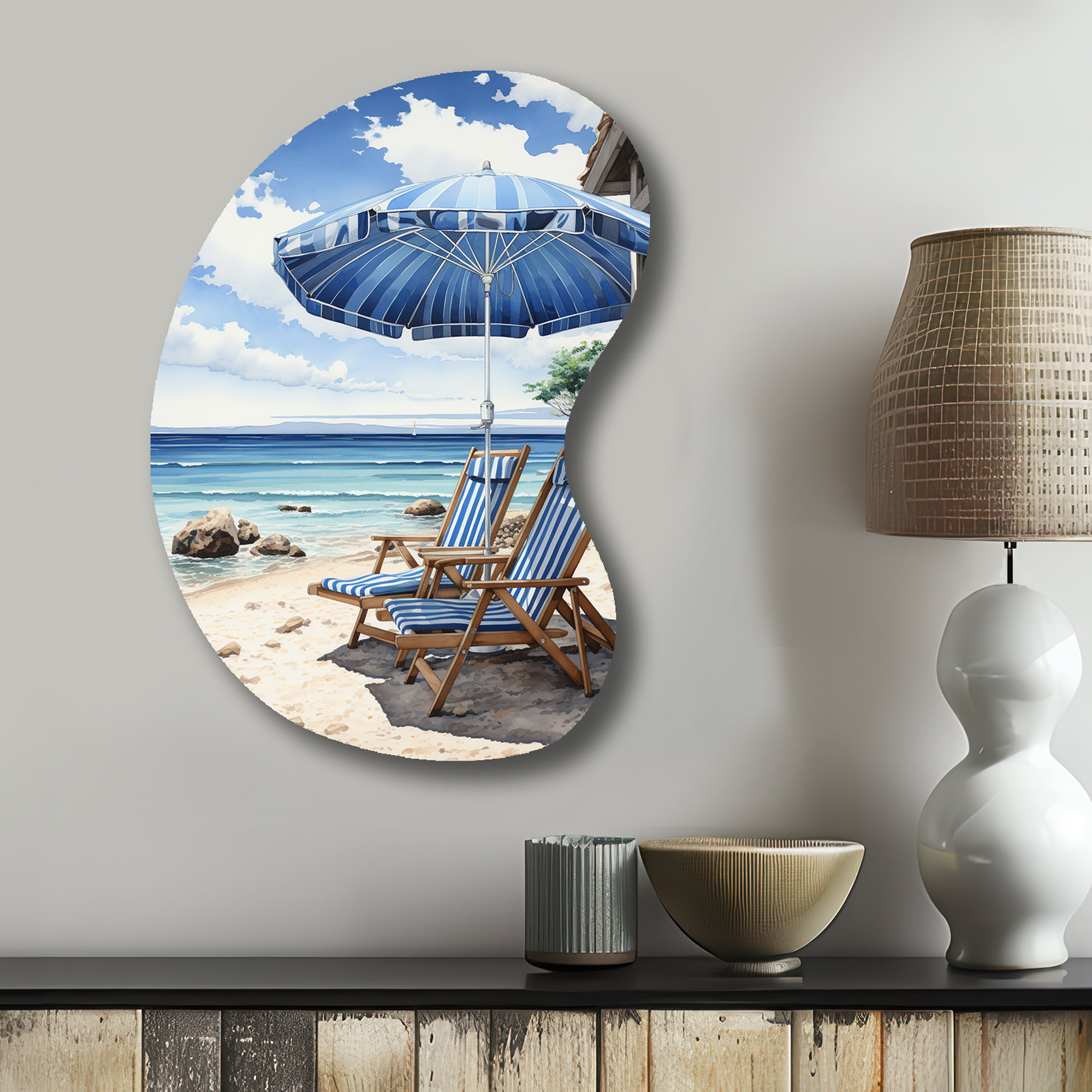 Design Art Beach Sandy Escape Pointillism I - Coastal Beach Boom Shape Metal Wall Sculpture ...