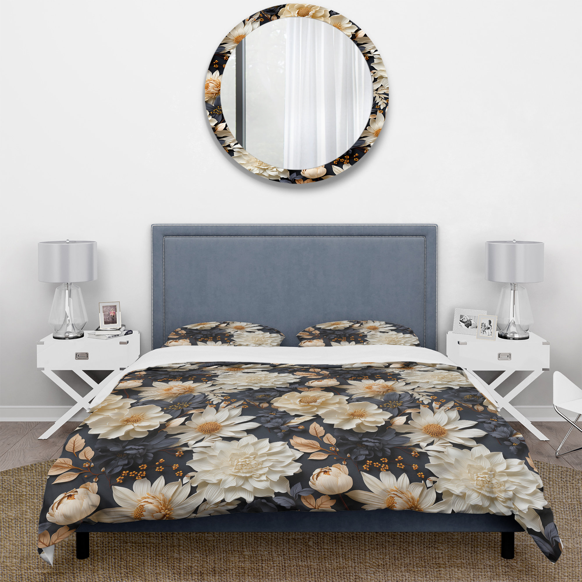 Design Art White Dahlia Cottage Collage - Floral Duvet Cover Set ...