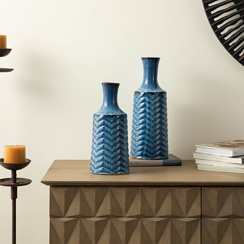 Glitzhome Modern Brilliant Blue Chevron Ceramic Table Vases | Wayfair