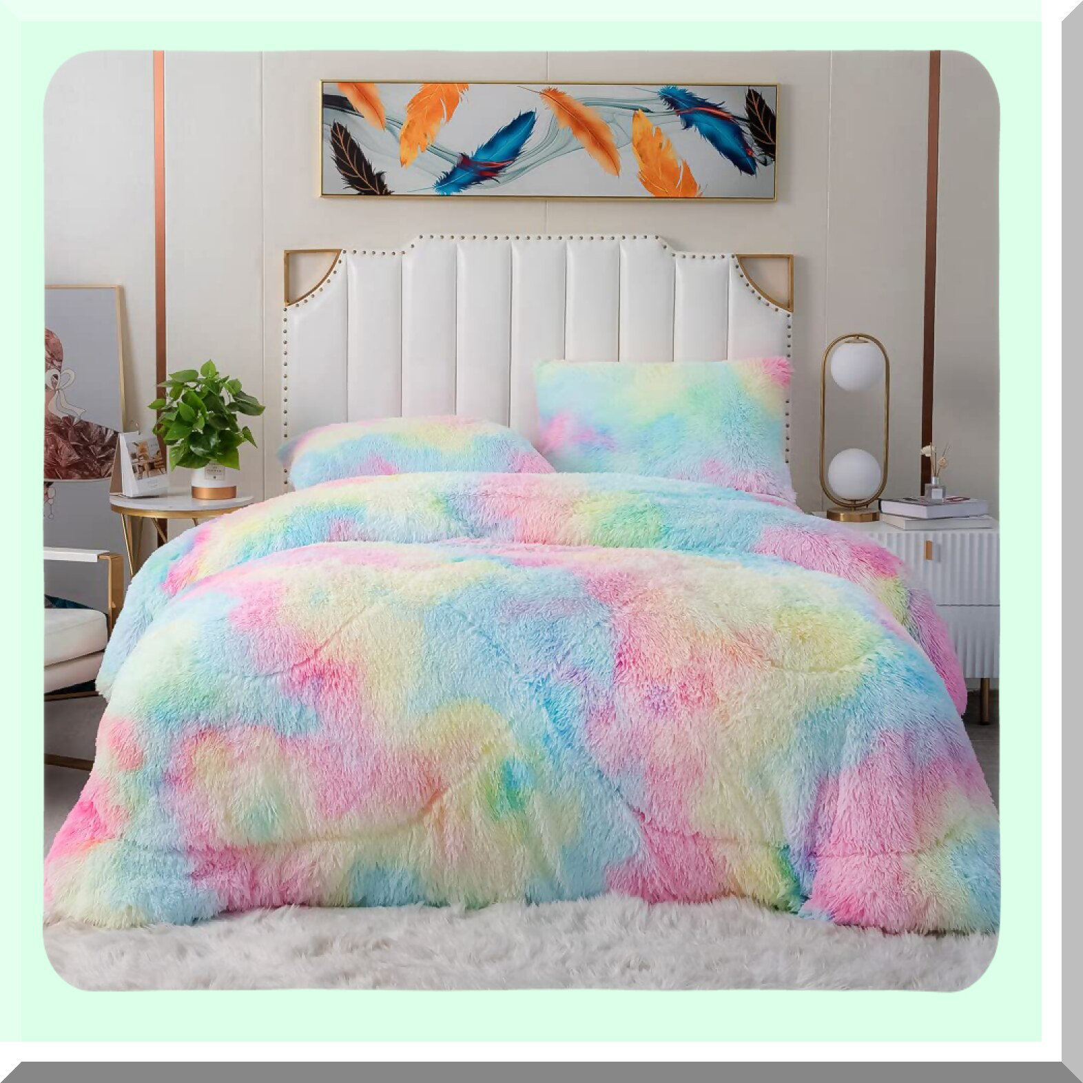 Everly Quinn Rainbow Pink Fluffy Comforter Set Ultra Soft Shaggy