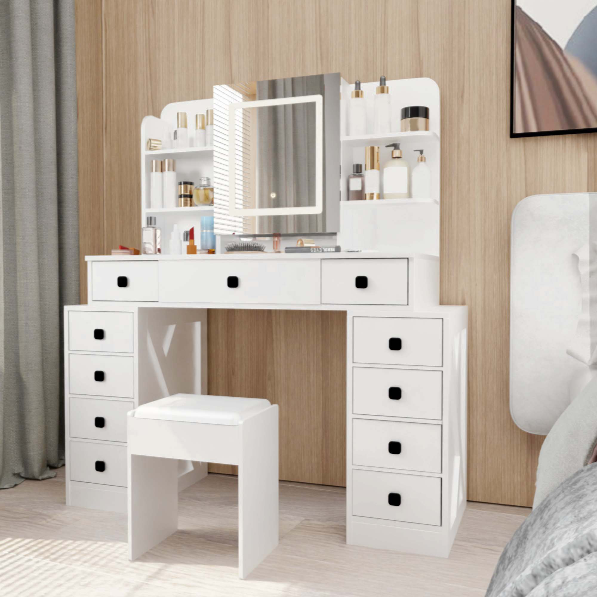 Ivy Bronx Farmhouse Vanity Desk With Sliding Mirror,LED Lights And ...