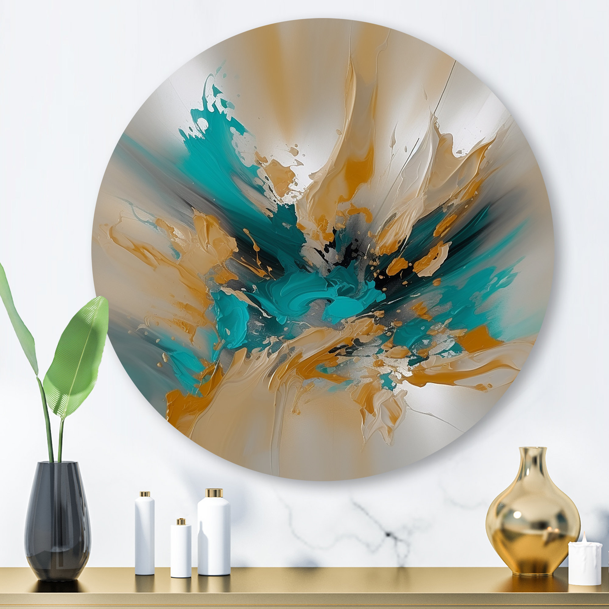 Ivy Bronx Yellow And Turquoise Marble Fuild Ink - Abstract Marble Round ...