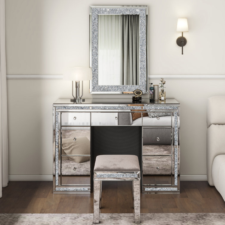Everly Quinn Mariaha Mirrored Vanity Table 7-Drawer | Wayfair