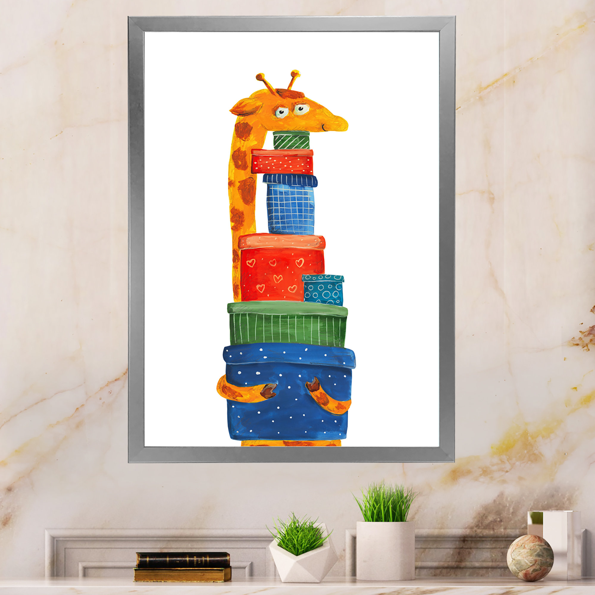 Zoomie Kids Cute Giraffe with Gift Boxes - Picture Frame Print on ...