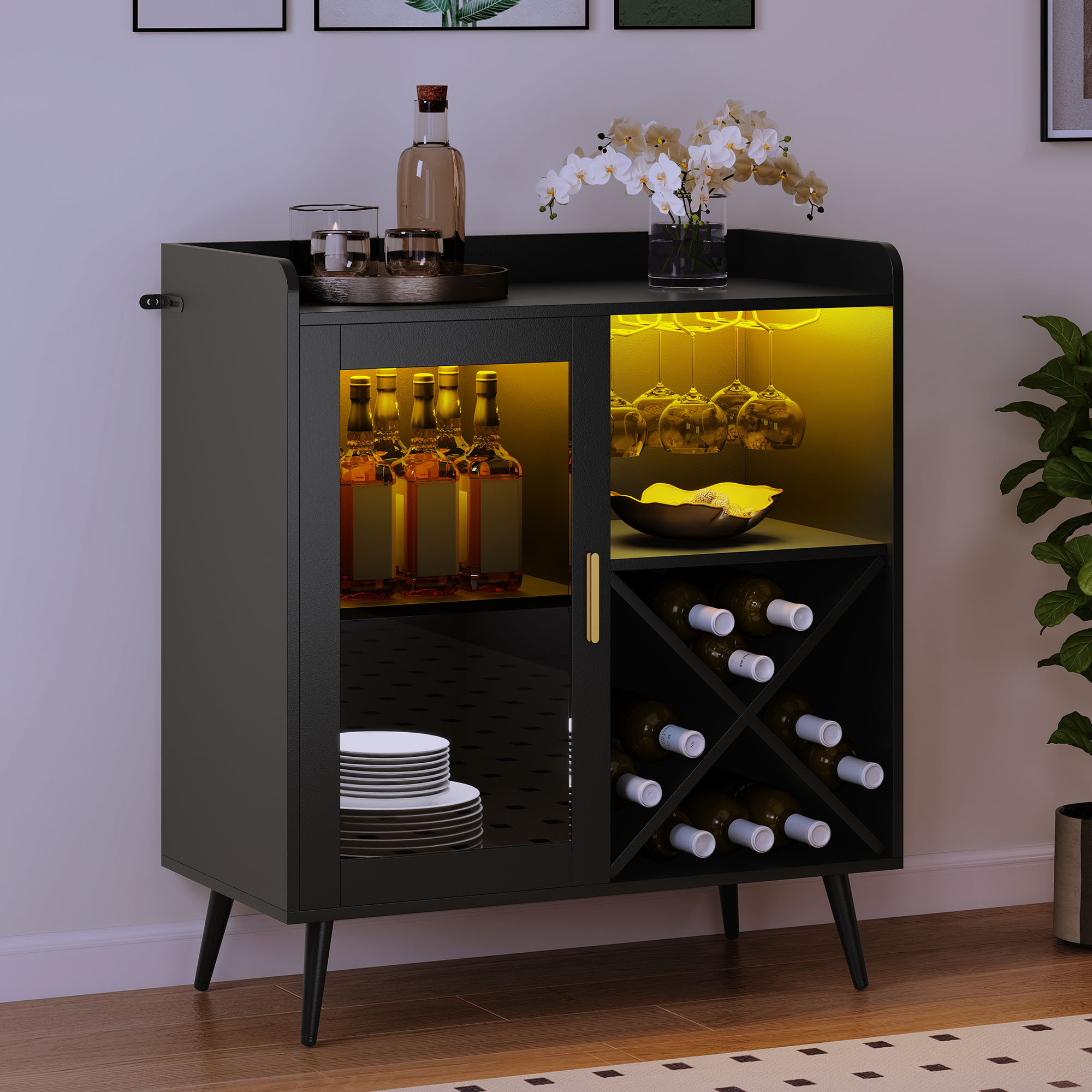 Williston Forge Small Bar Cabinet With Led Lights & Wine Rack&Cup ...