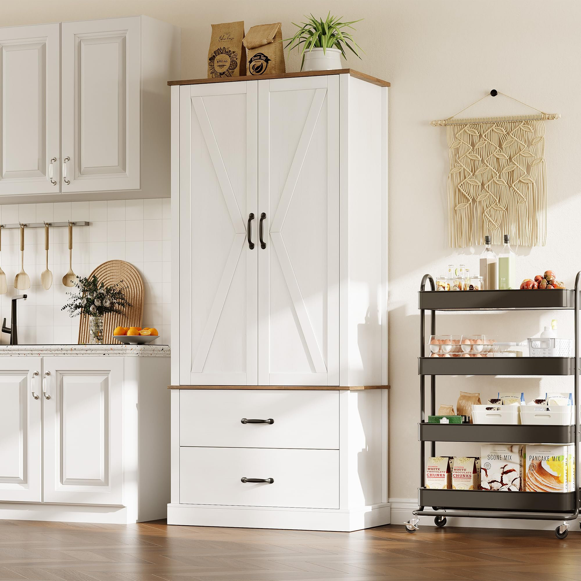 Yuan Home 65" Tall Kitchen Pantry Cabinet, Kitchen Cabinet With 2 ...