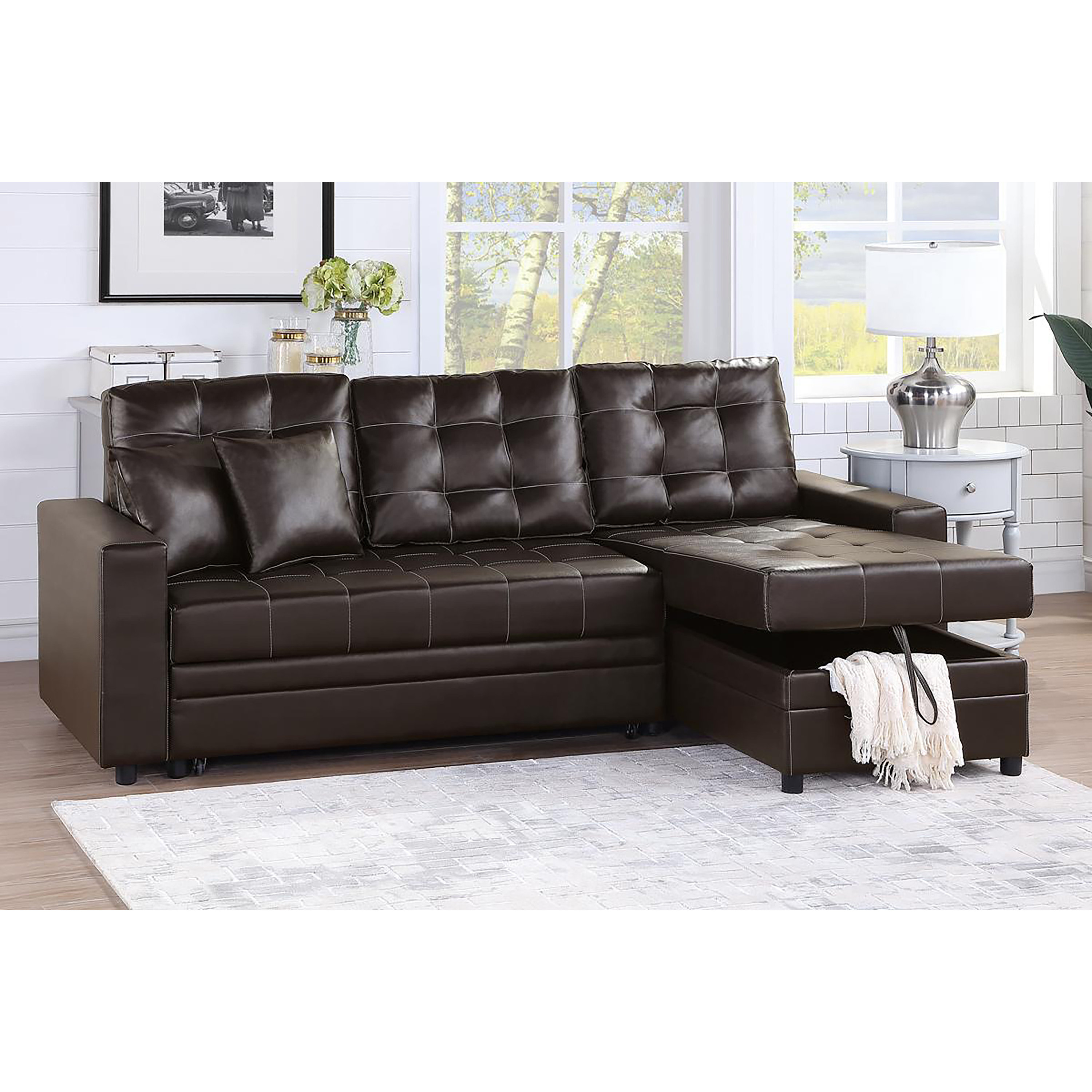 Latitude Run® Aviraaj Espresso Faux Leather Convertible Sofa with Two ...
