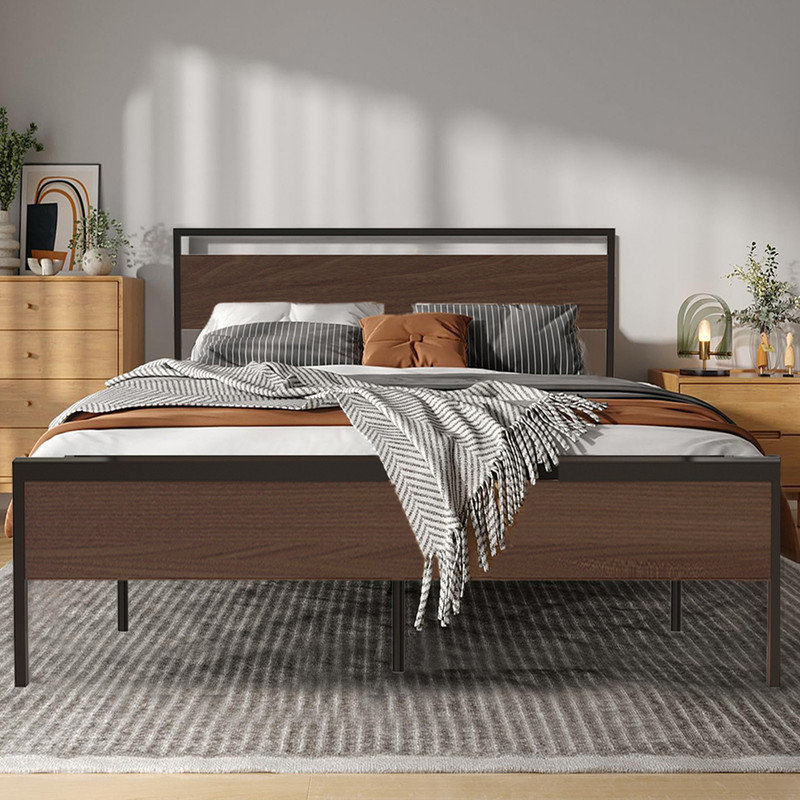 17 Stories Sederick 40'' Metal and Wood Bed Frame, Walnut Headboard and ...