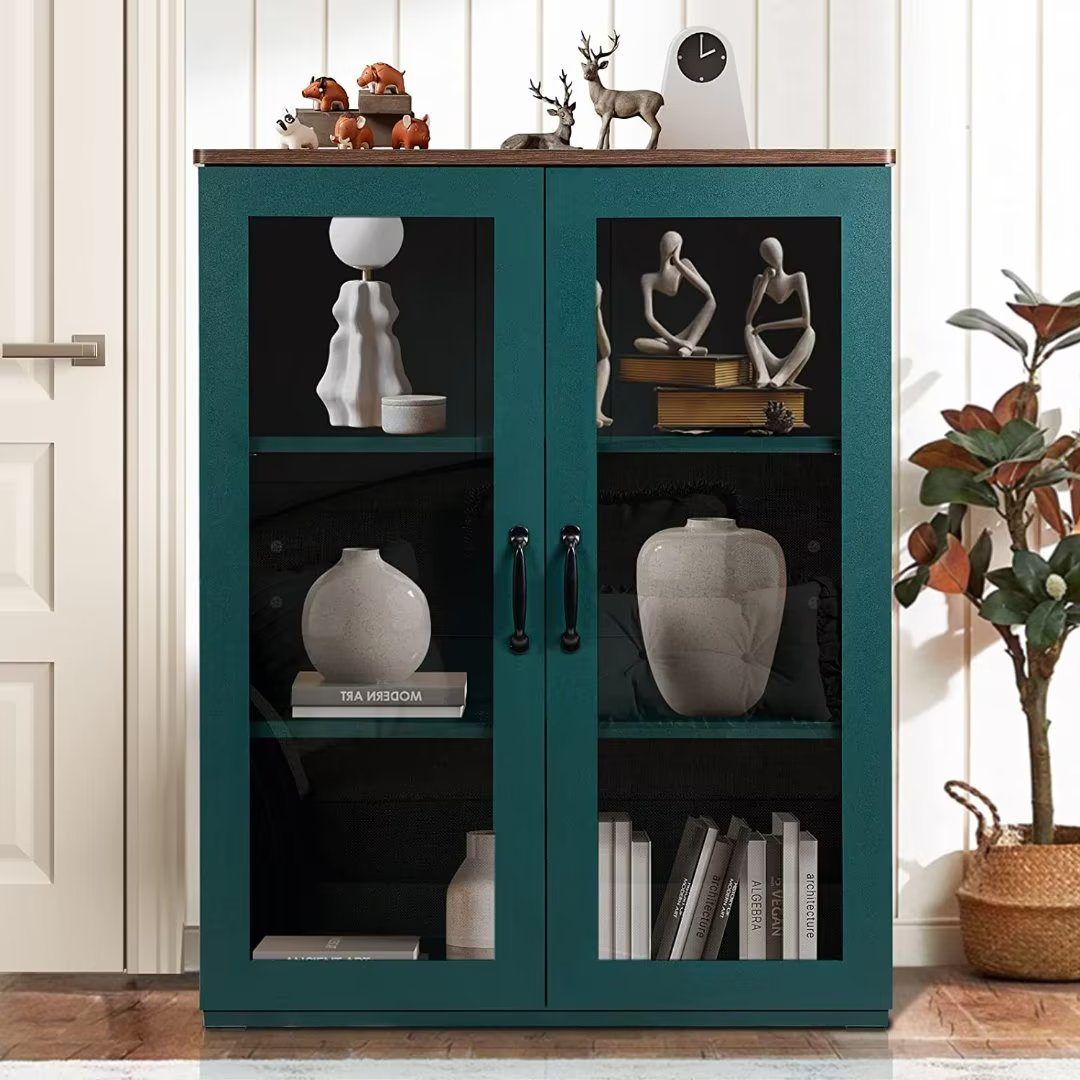 Ebern Designs Free Standing Cabinet With Tempered Glass Doors,Wooden ...