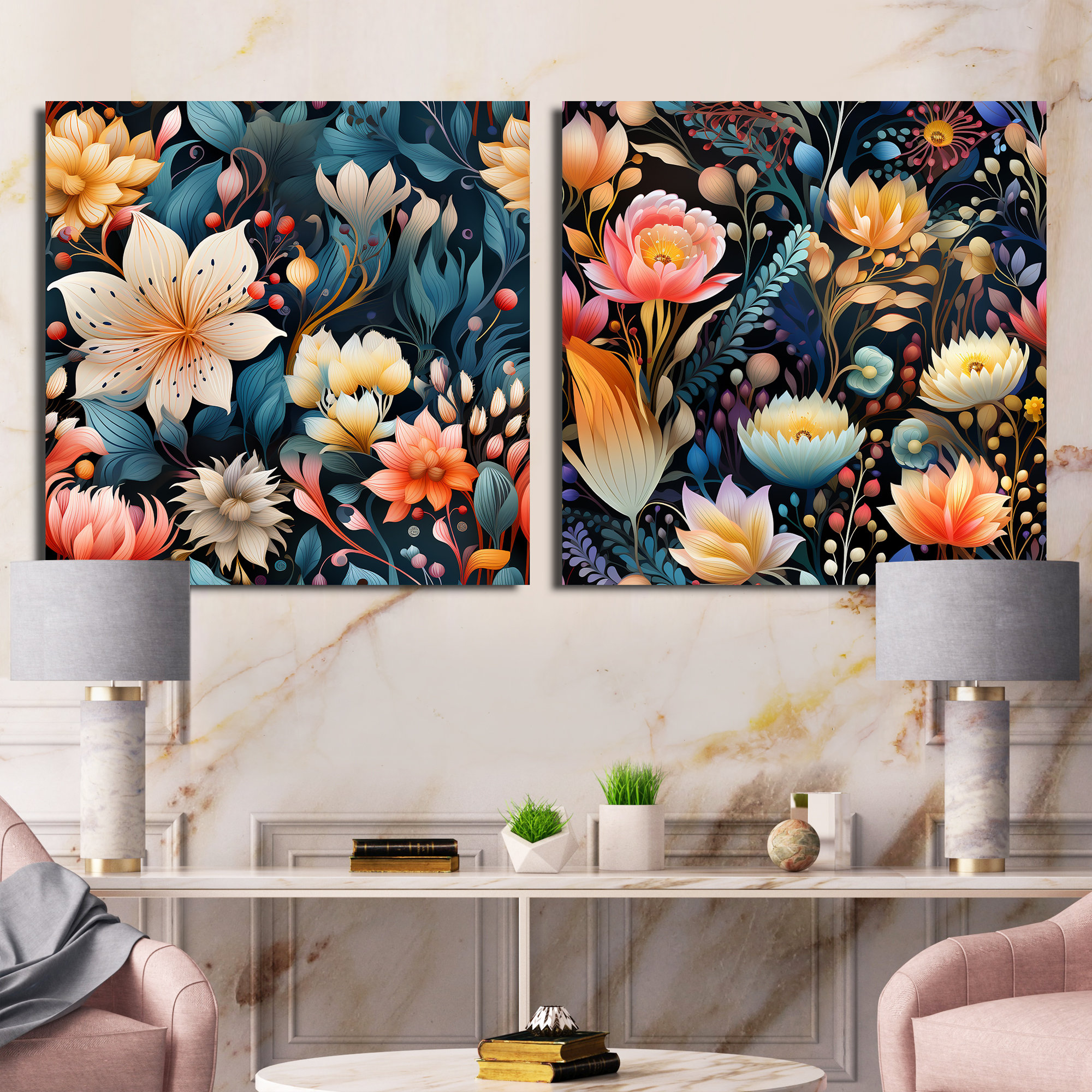 Design Art Fantasy Foliage Botanical Pattern - Abstract Botanicals Square Collage Set Of 2 | Wayfair