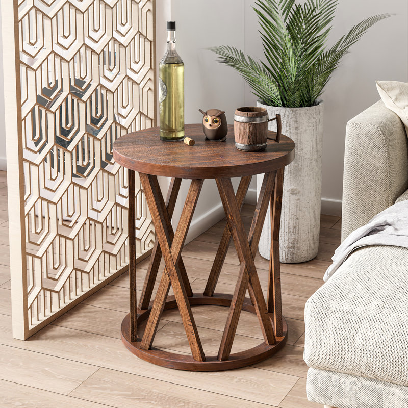 Gracie Oaks Viradis Farmhouse End Table, Rustic Round Side Table with X ...