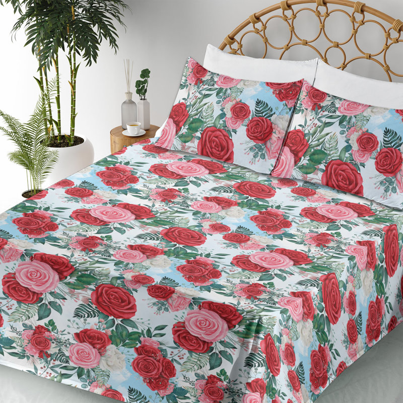 Ambesonne Delicate Roses Sheet Set Art Blooming Floral Dark Coral ...