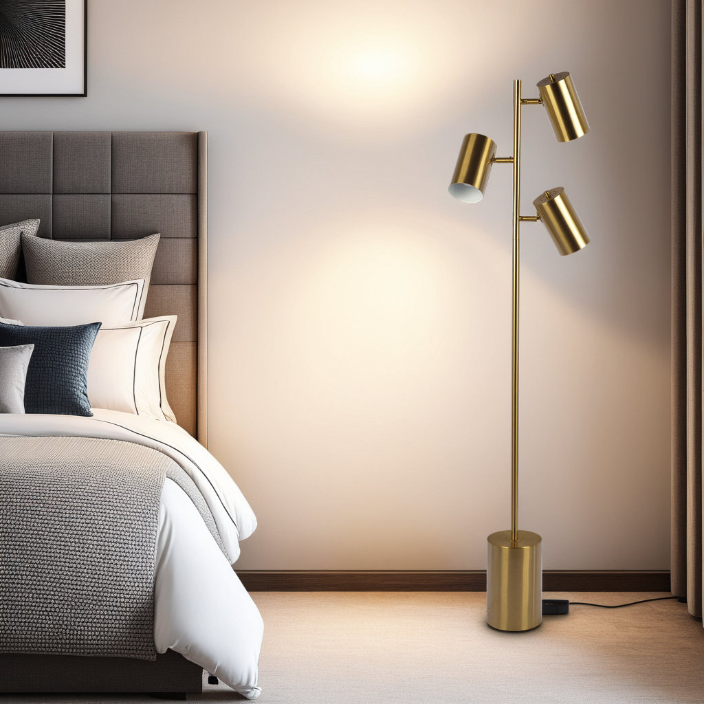 Everly Quinn Harmony Brassed Gold Floor Lamp,with Rotary Switch&Metal ...