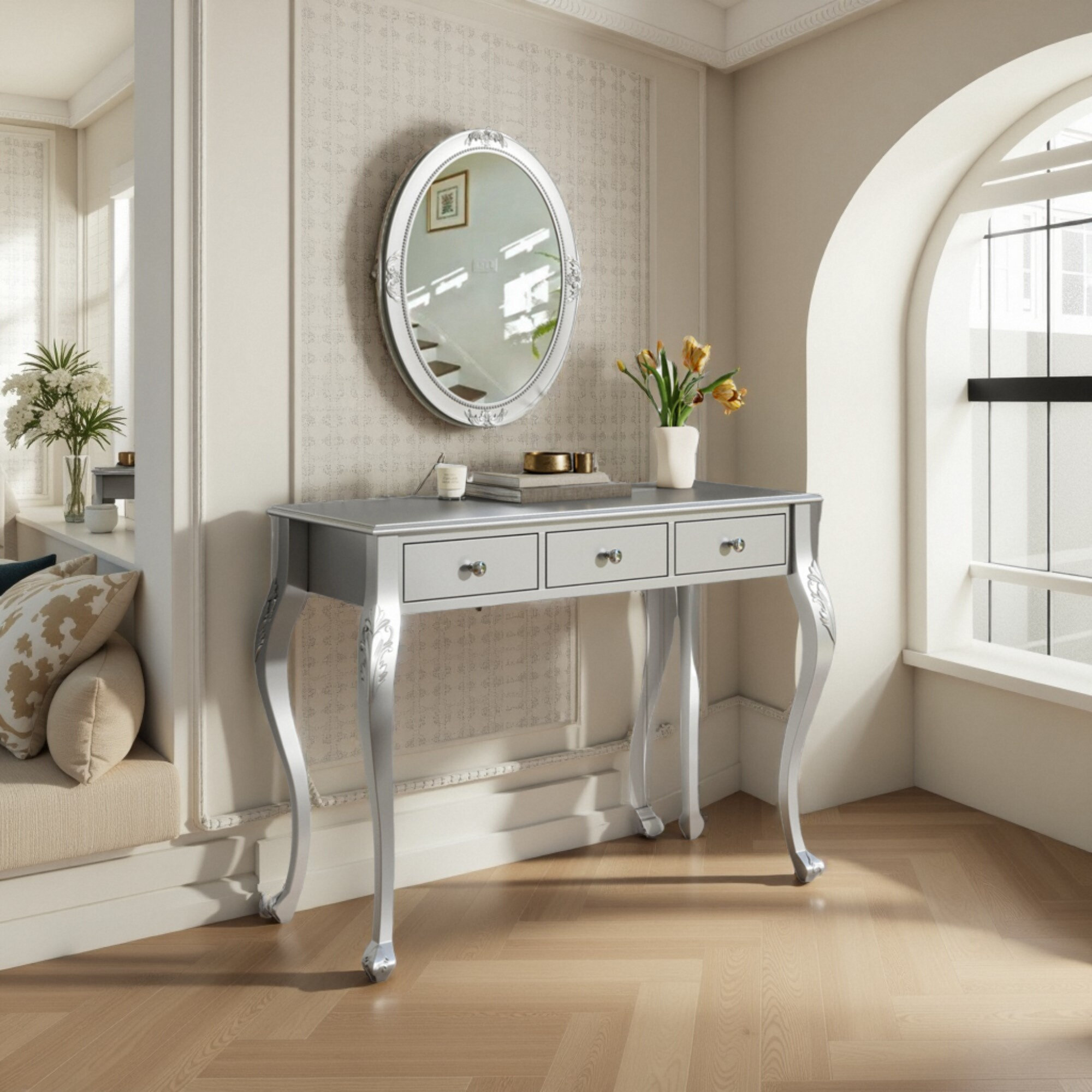 House of Hampton® Luxury Makeup Vanity Desk with Oval Mirror - 3-Drawer ...