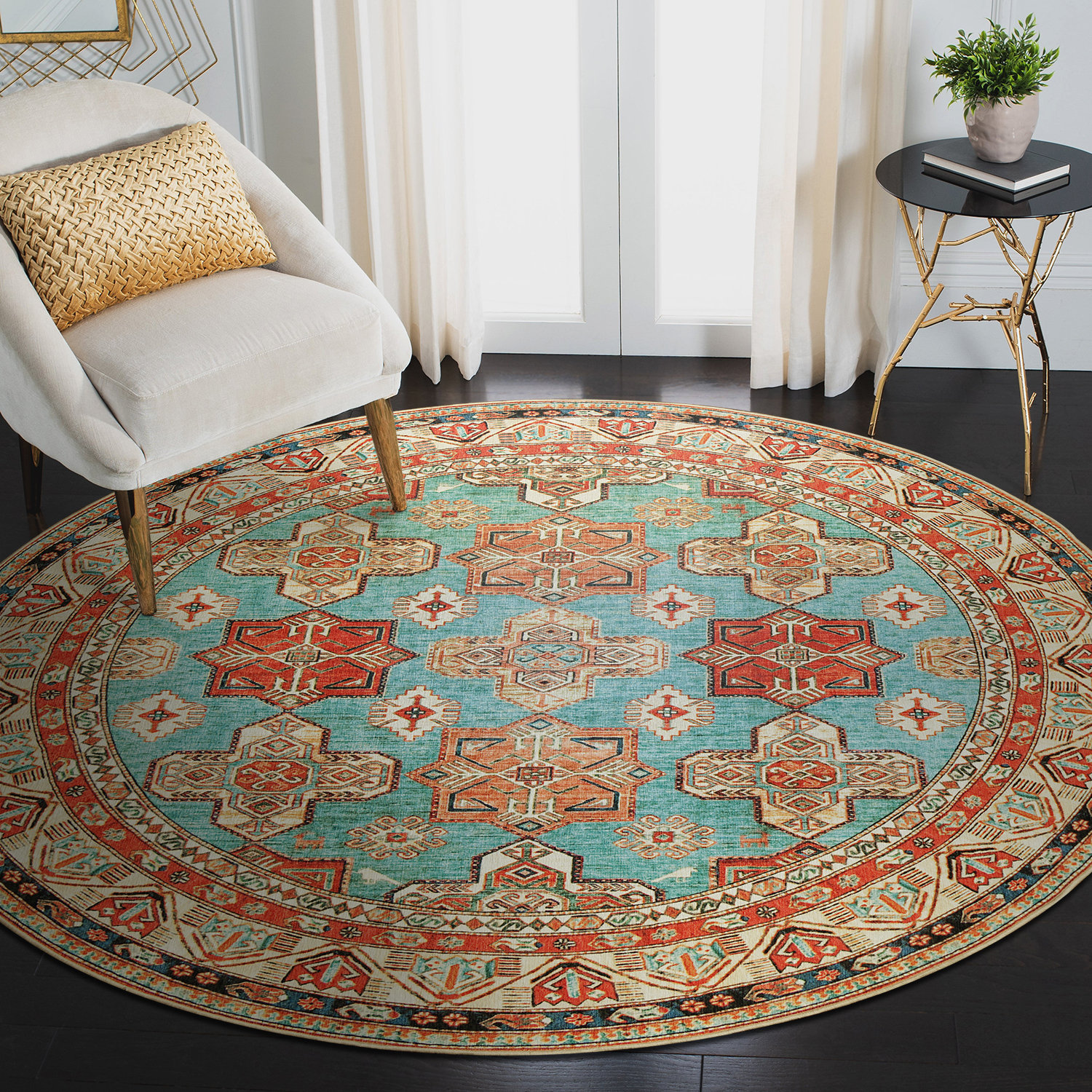 My Magic Carpet Machine Washable Round Area Rug Ottoman Turquoise 6X6 ...