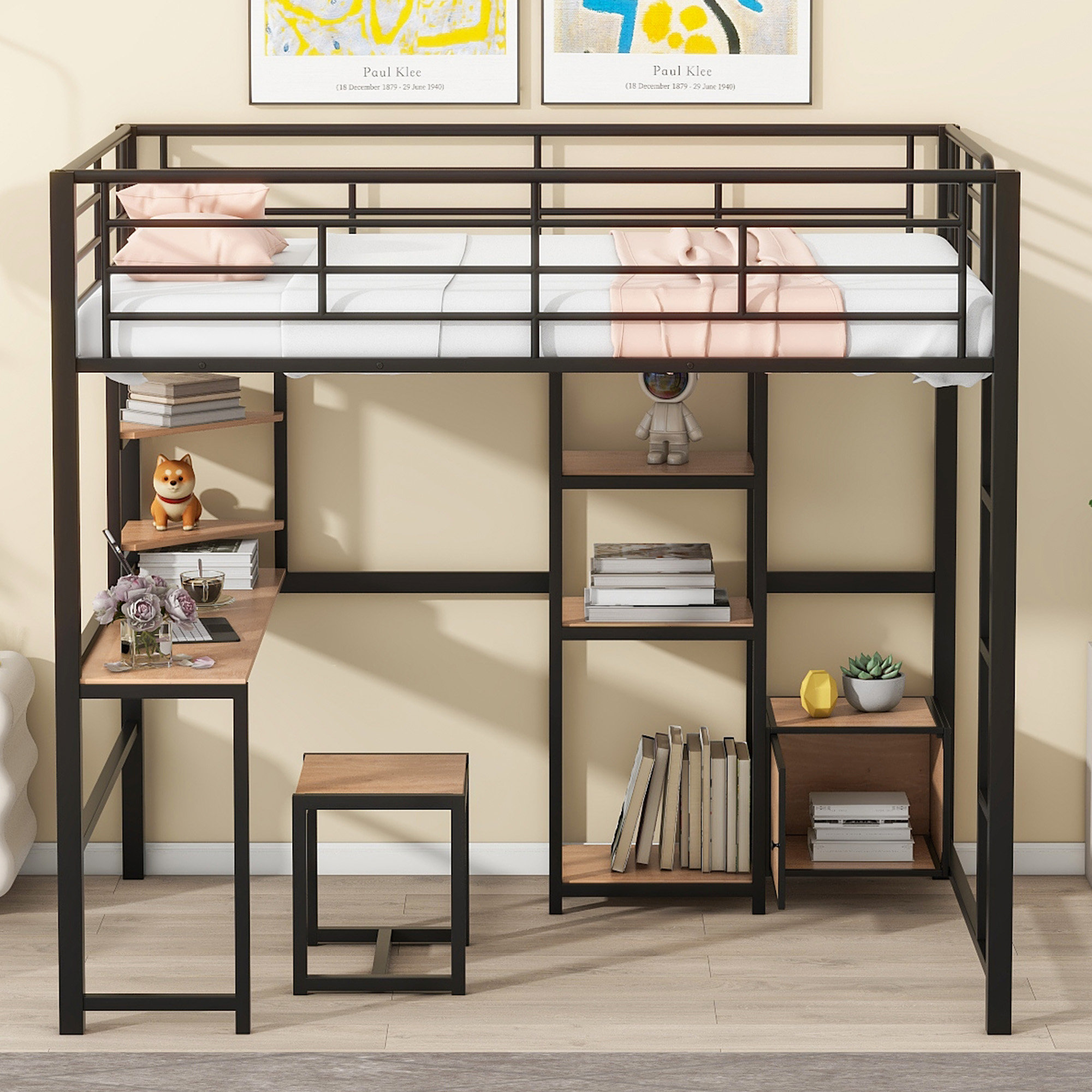 Mason & Marbles Loft Bed with Desk and Stool, Metal Loft Bed with Open ...