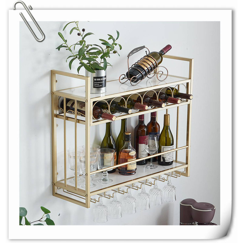 Mercer41 Jerryd Wall Mounted Wine Bottle & Glass Rack Gold | Wayfair