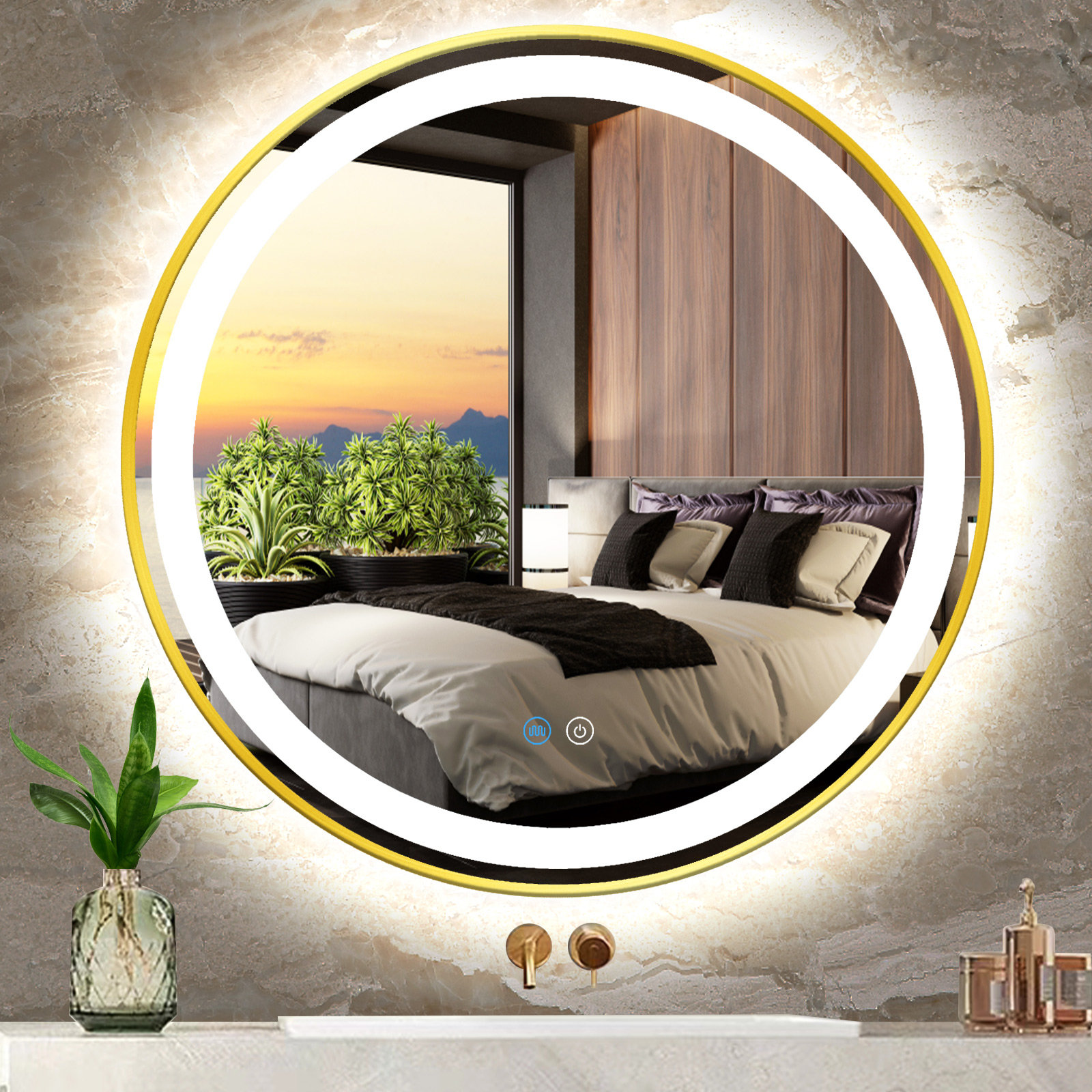 ARUMMA 30 Inch Gold Bathroom Round Led Mirror With Gold Frame Round ...