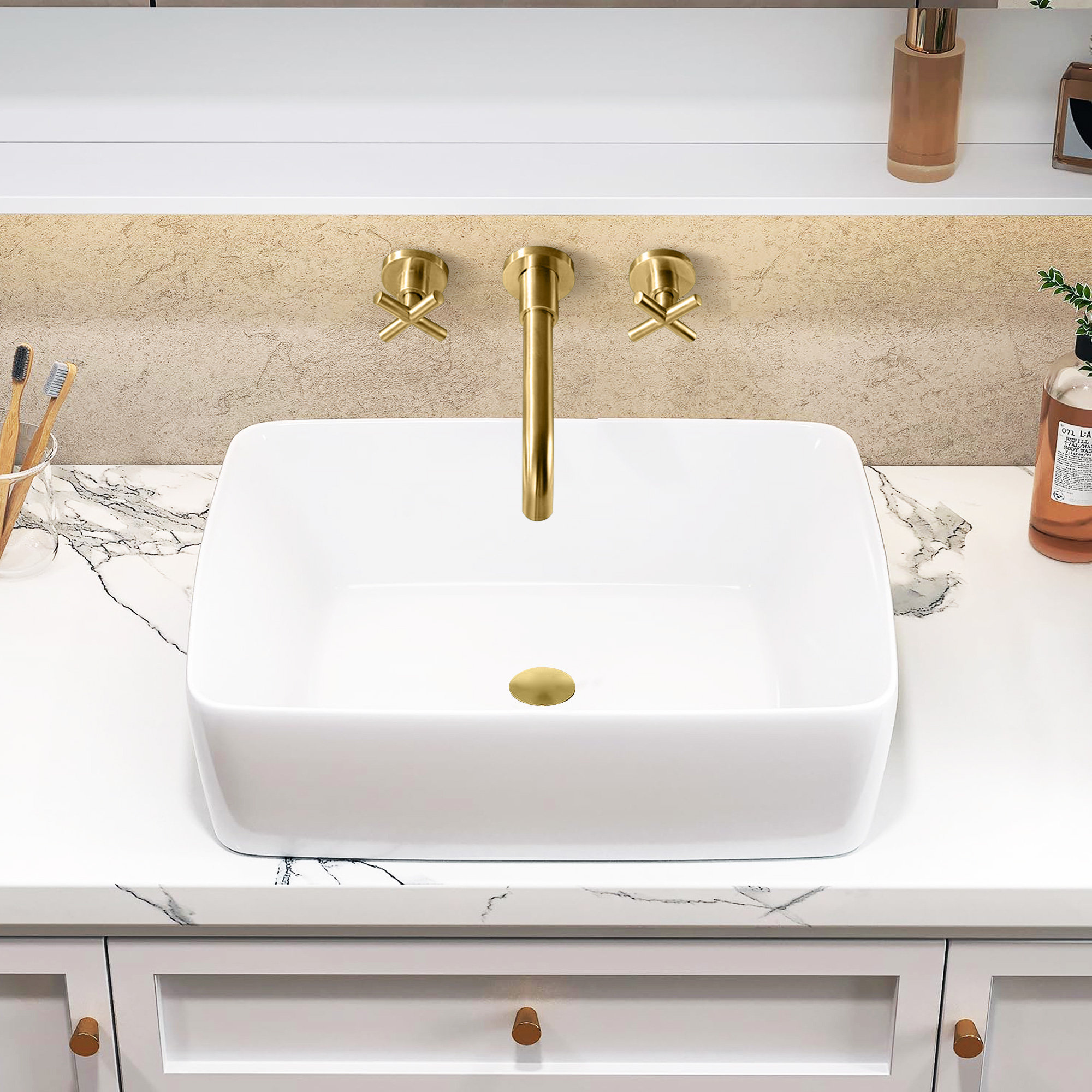 SMARTLET Wall Mount Faucet With 2 Cross Handles For Bathroom, 3 Holes ...