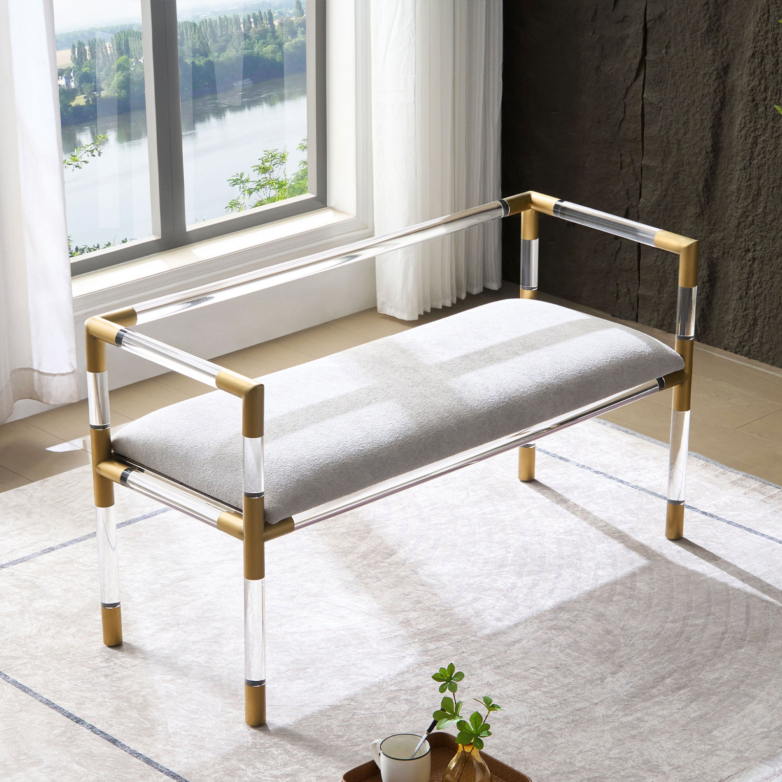 Orren Ellis Bedroom Bench, Clear Acrylic and Gold Stainless Steel ...
