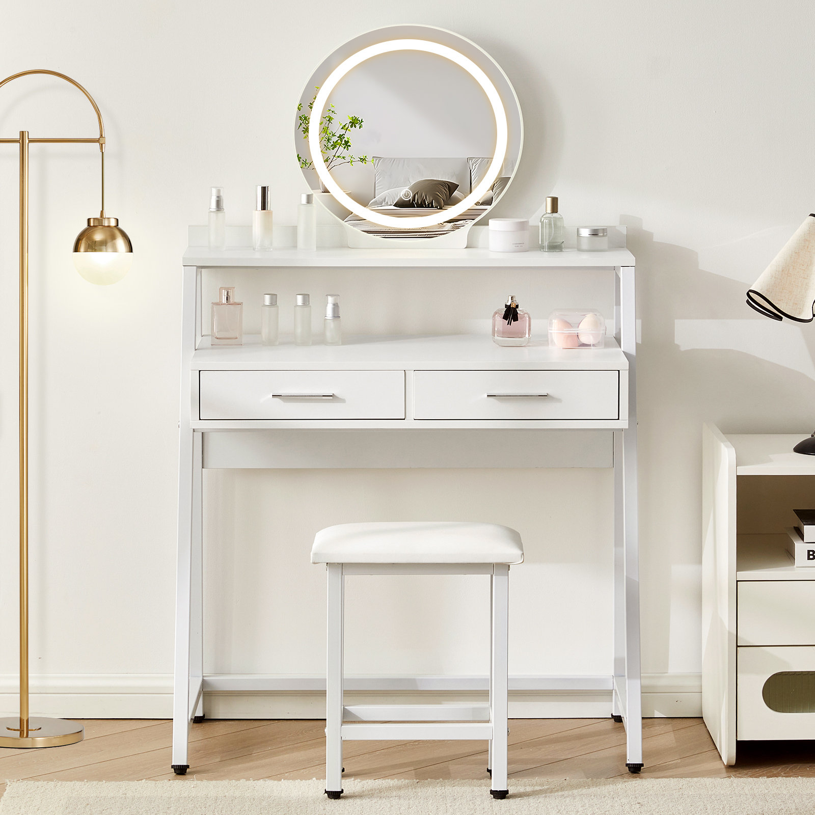 Metro Lane Round Mirror Dressing Table, Iron Frame Vanity Set With Two ...