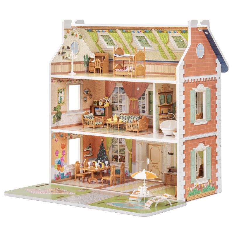 ROFITALL Large Vintage Wooden Dollhouse For Kids With Furniture ...
