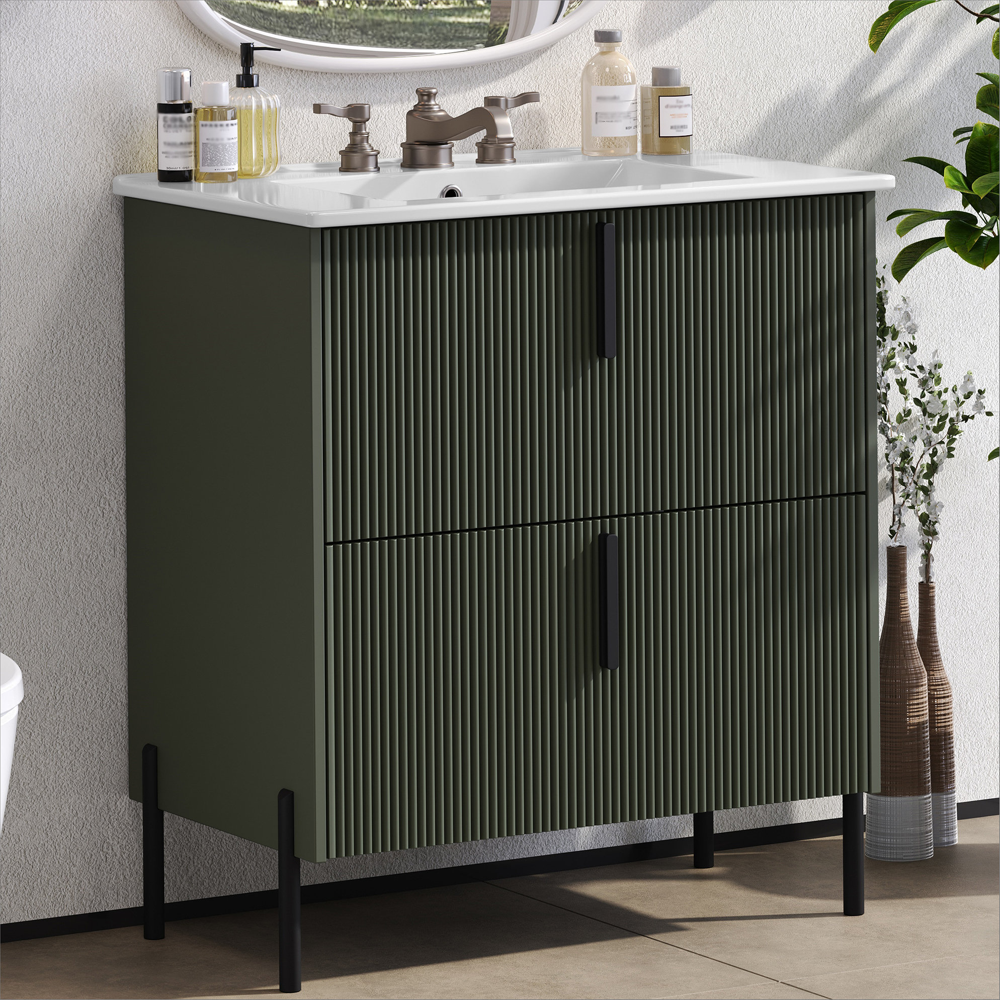 Ebern Designs 30" Bathroom Vanity with Ceramic Sink and Full-Extension ...