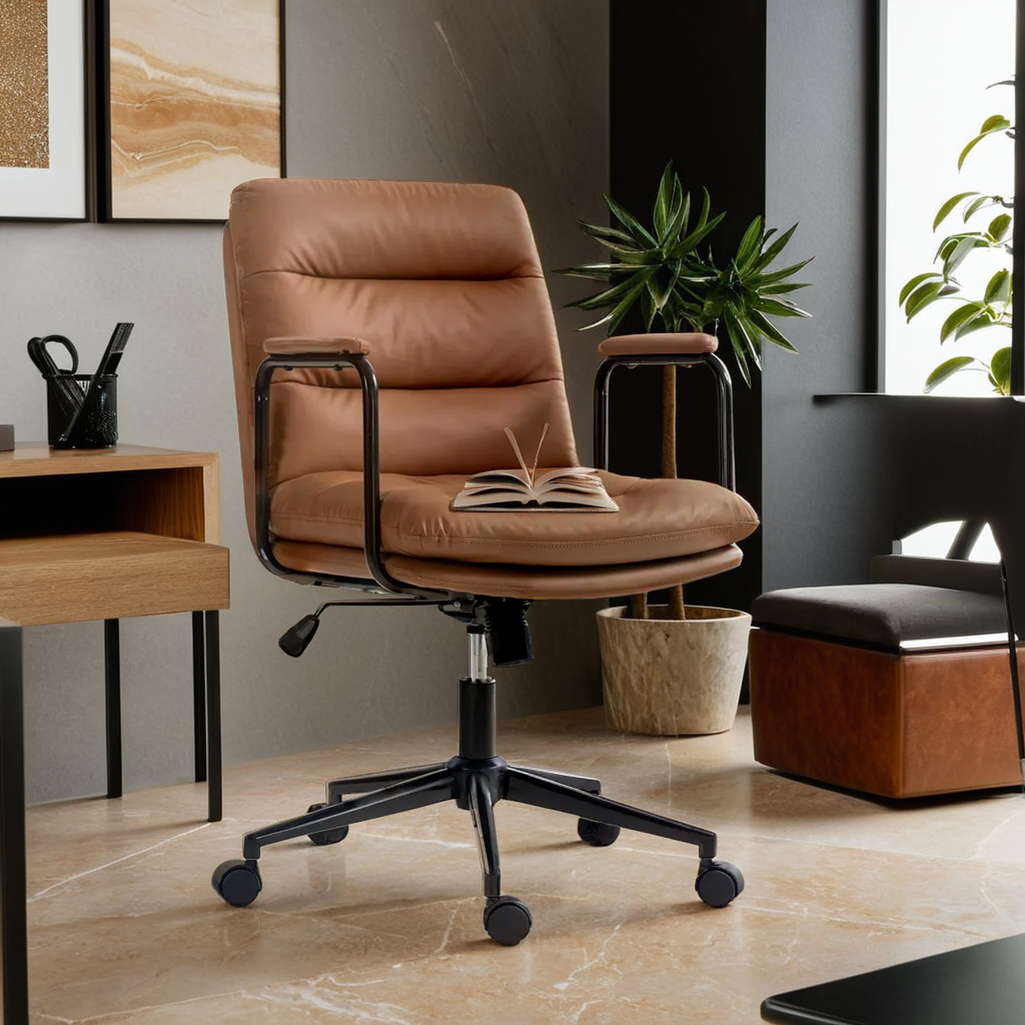 Latitude Run® Mid Back Ergonomic PU Home Office Chair With Wheels | Wayfair