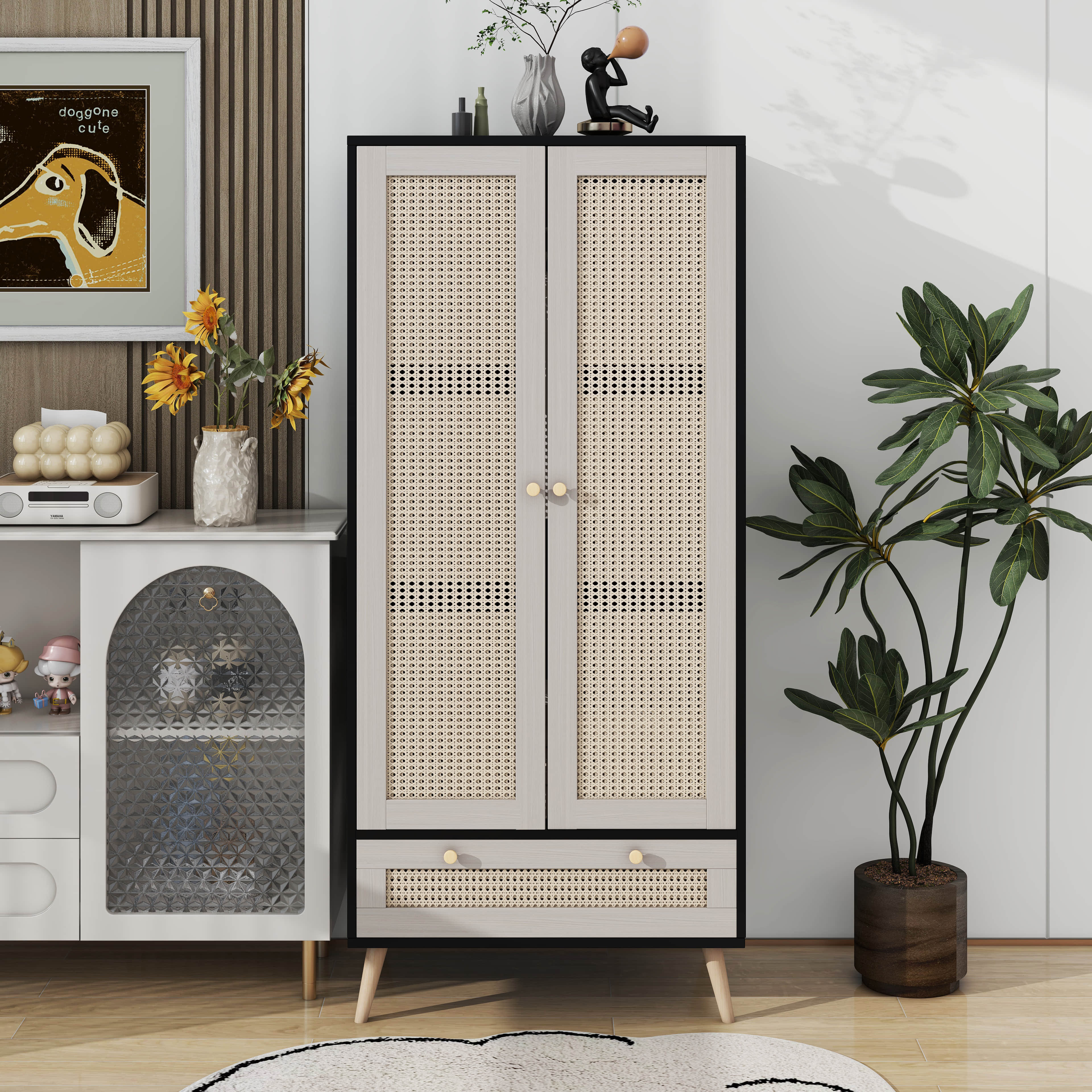 Bay Isle Home™ Boho Wooden Clothes Storage Cabinet with Hanging Rod ...