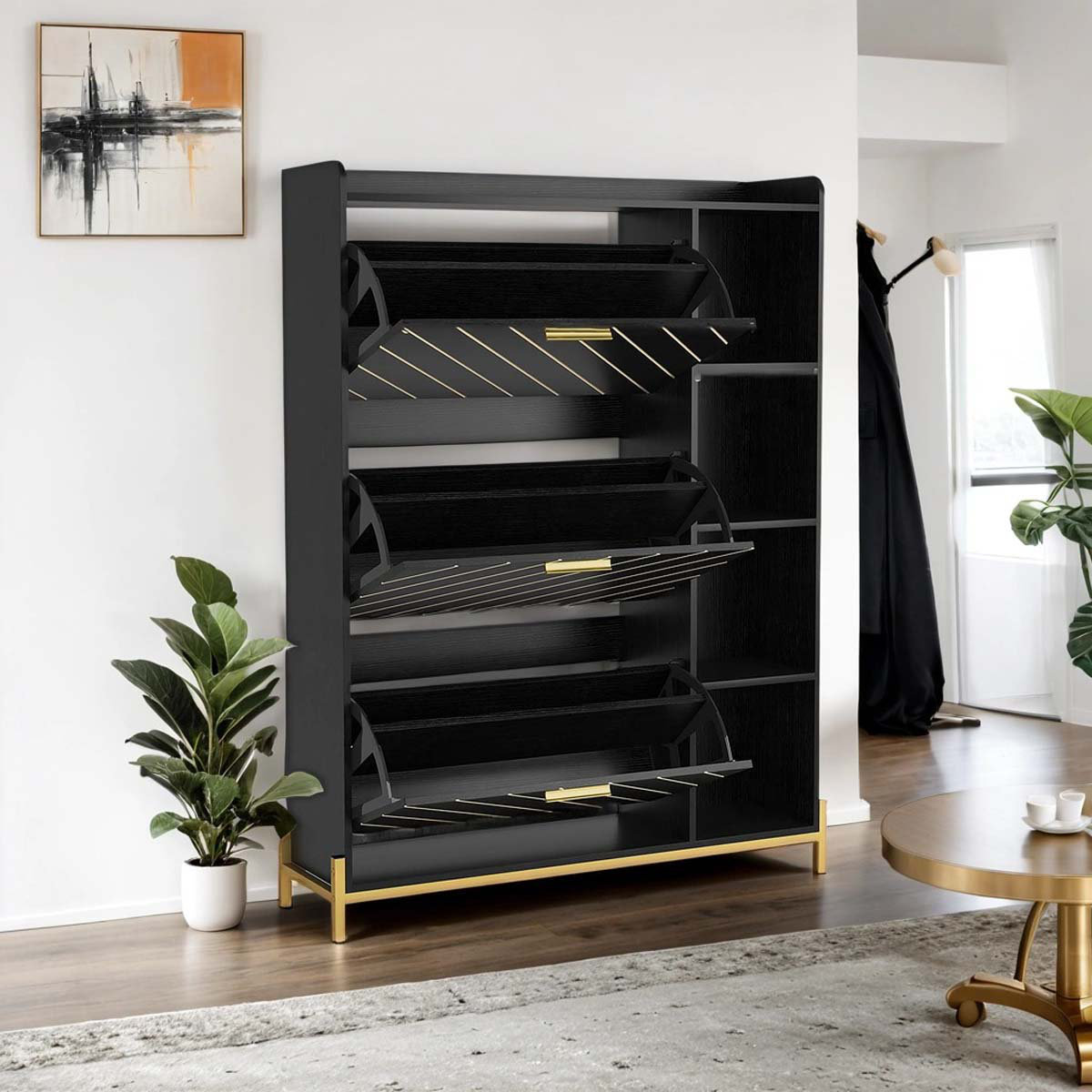 Everly Quinn Shoe Cabinet With 3 Flip Drawers & Open Shelves, Modern ...