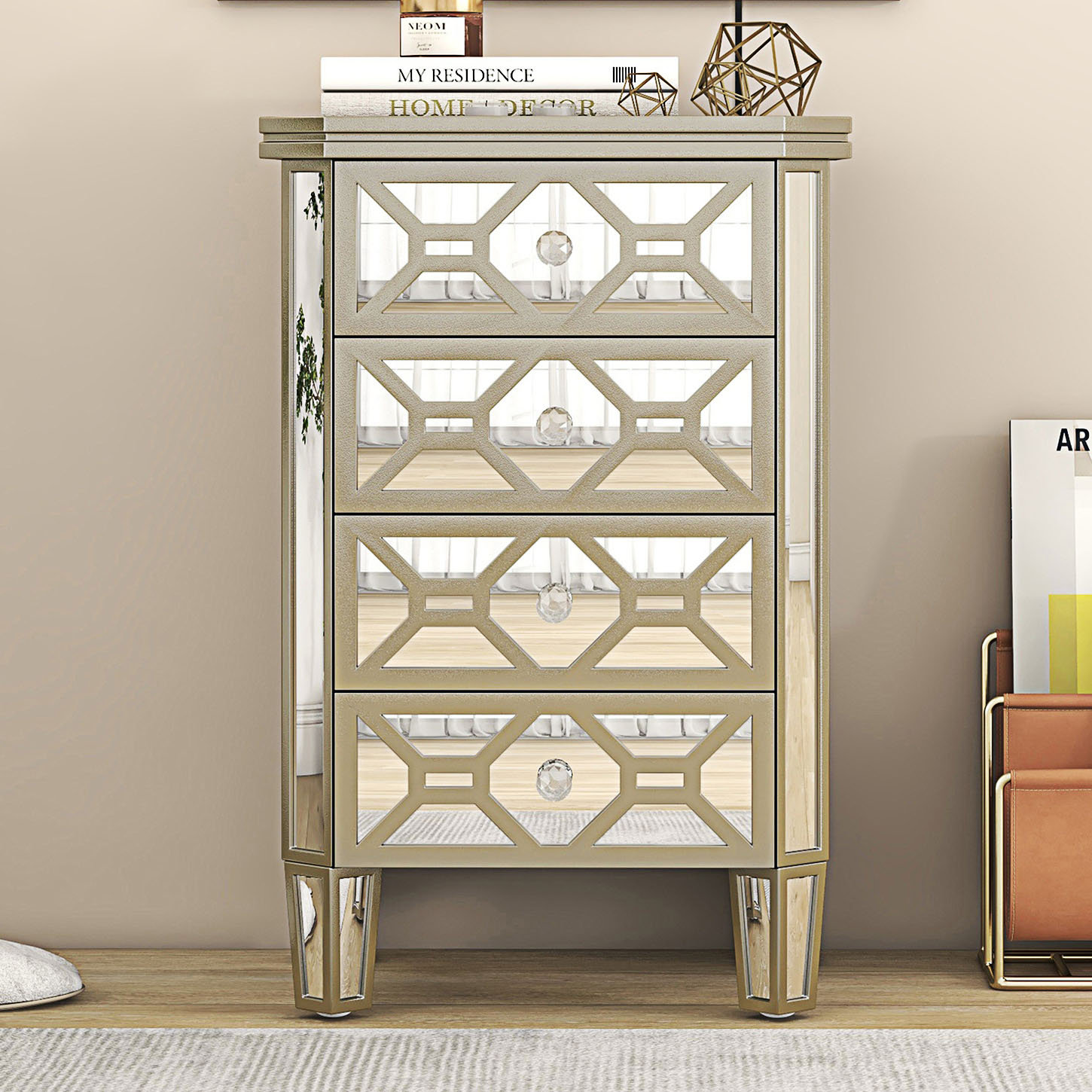 Rosdorf Park Elegant Mirrored 4-Drawer Chest, Storage Cabinet, Entryway ...