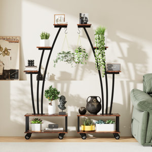 17 Stories 5-tiered Indoor Metal Curved Plant Stand With Hooks And ...