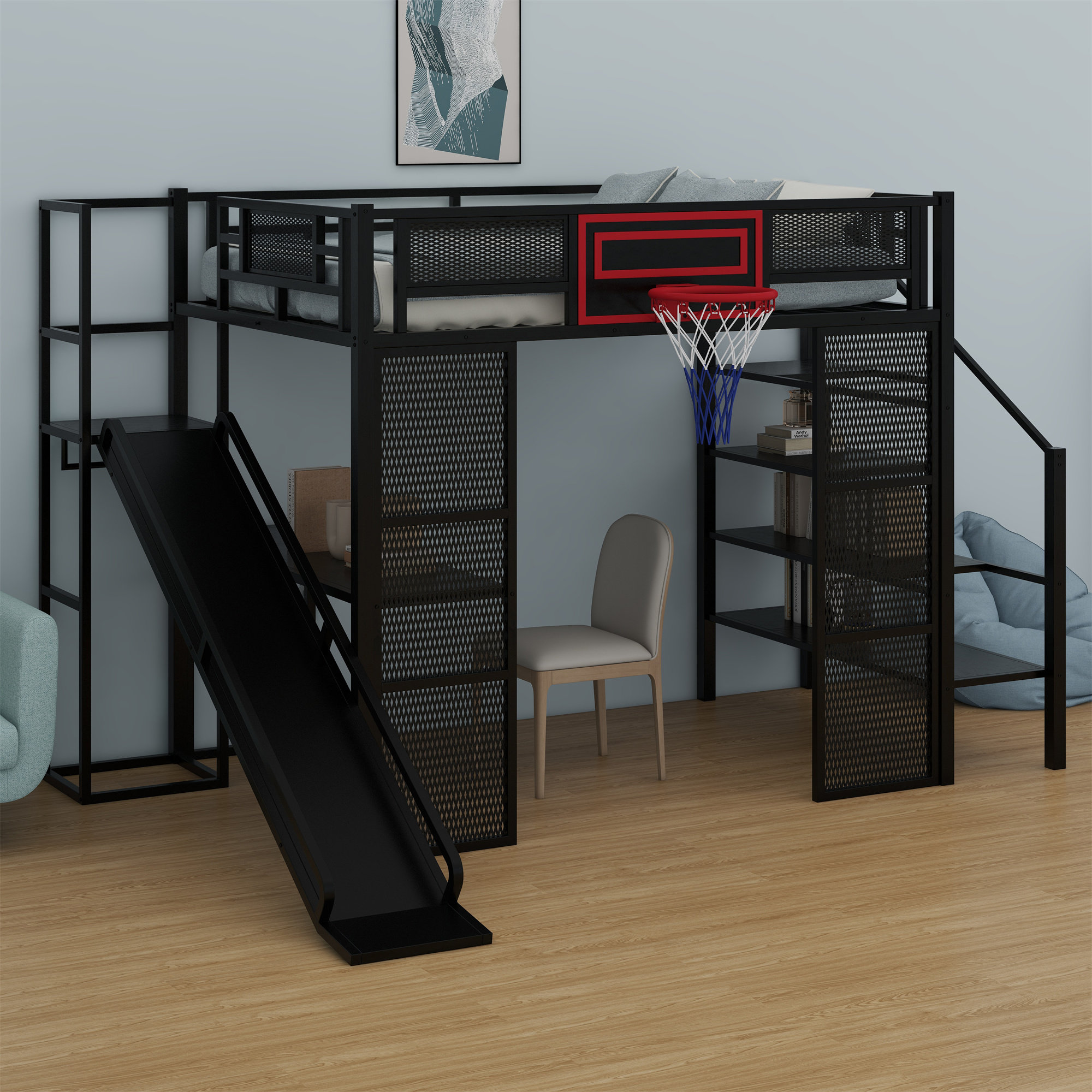 Mason & Marbles Metal Loft Bed With Built-In Desk, Open Wardrobe ...
