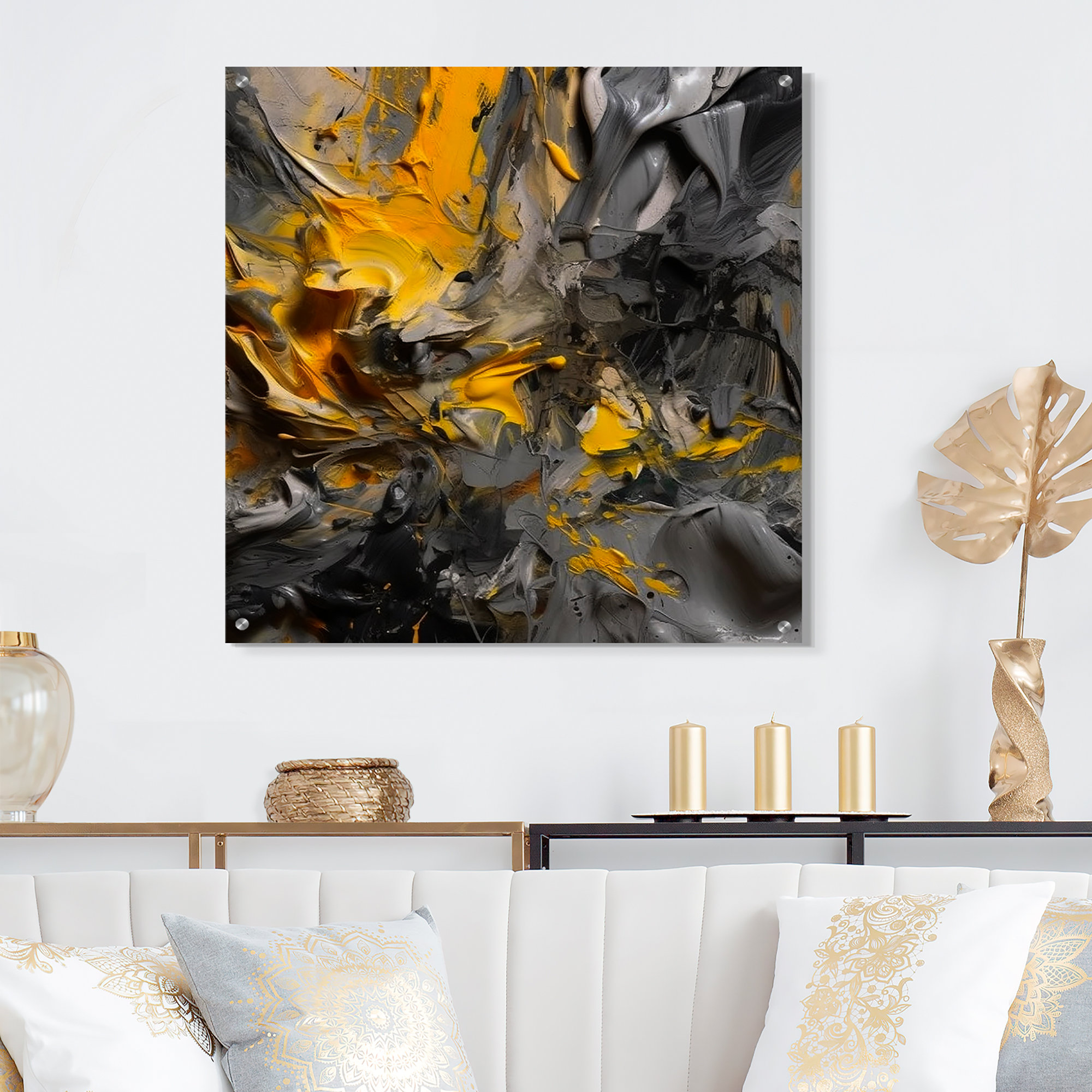 Design Art Mustard Yellow And Vivid Gray V - Abstract Acrylic Wall Art ...