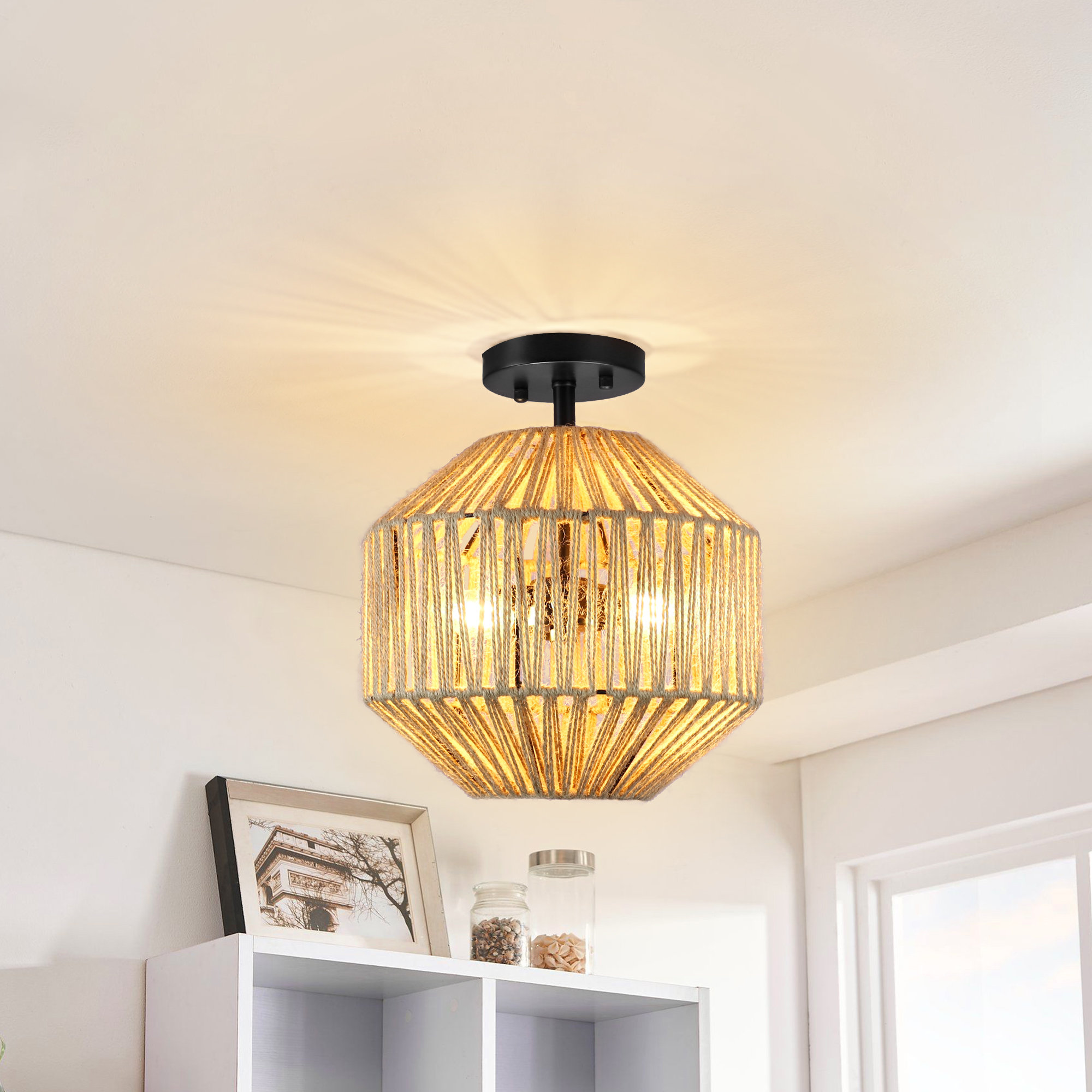 Breakwater Bay Wrightson Rattan Semi Flush Mount Bohemian Ceiling Light ...