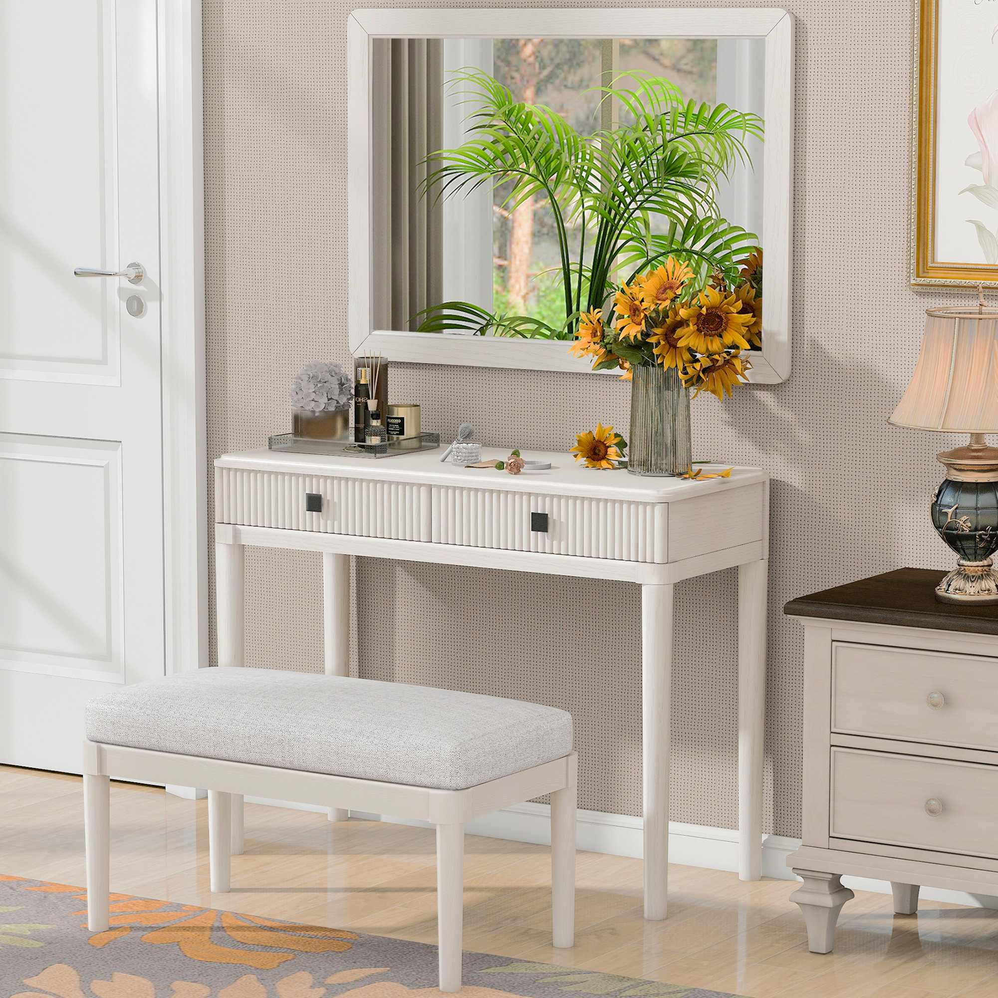 One Allium Way® 38.4''L Vanity Desk With Mirror, Modern Makeup Vanity ...