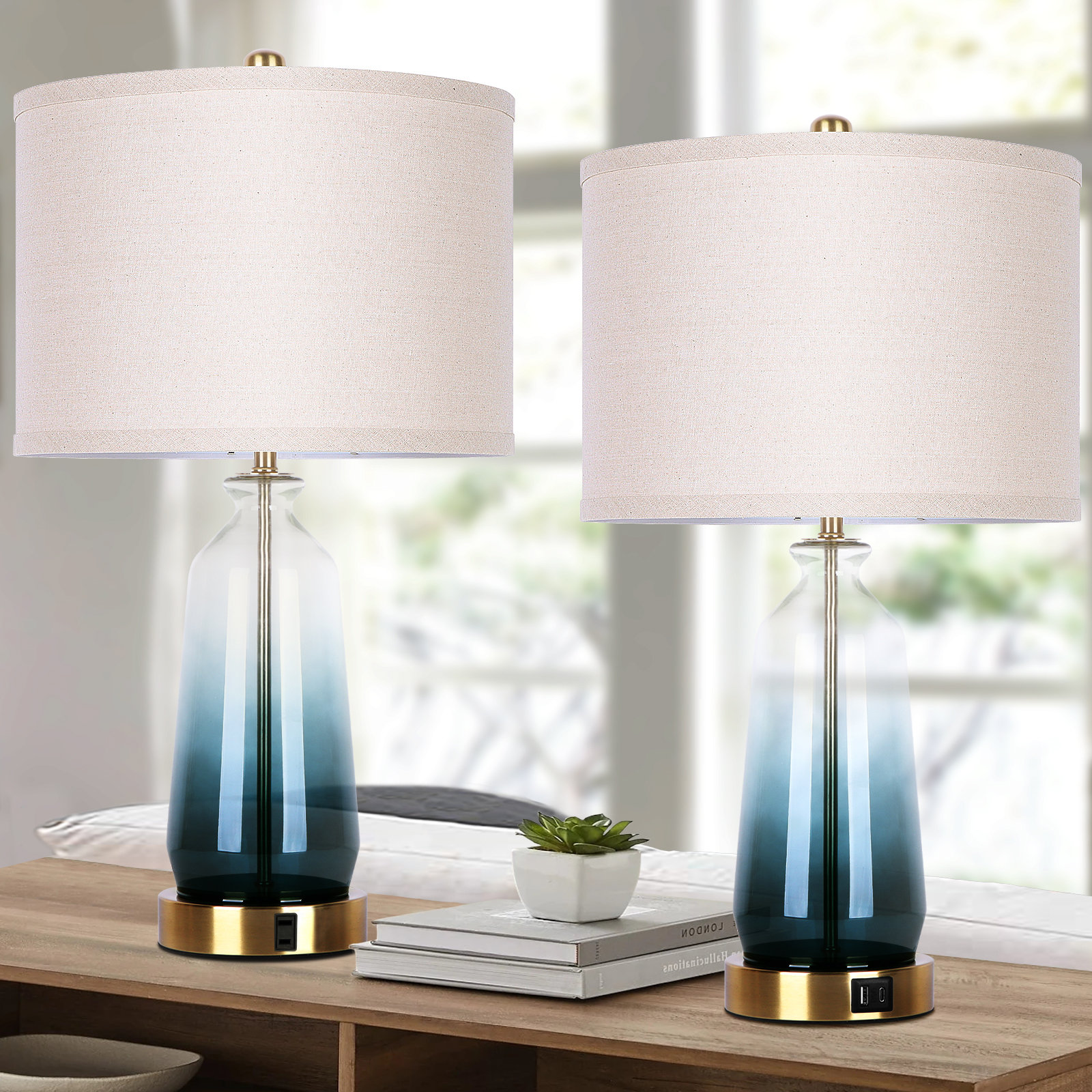 Mercer41 Ourania Glass Dimmable Table Lamps with AC Outlet + USB A+C 2 ...