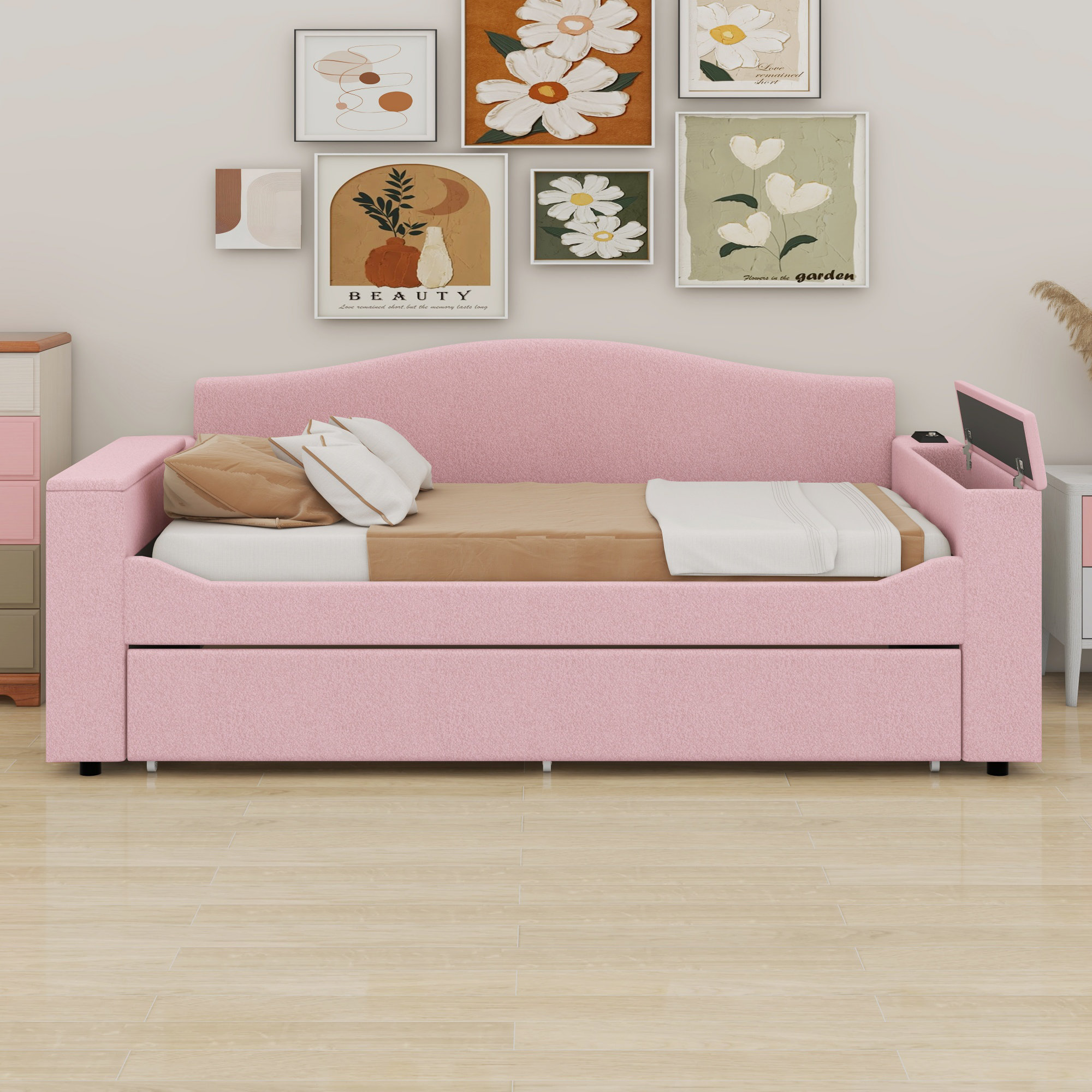 Latitude Run® Upholstered Daybed With Storage Armrests,Trundle And ...