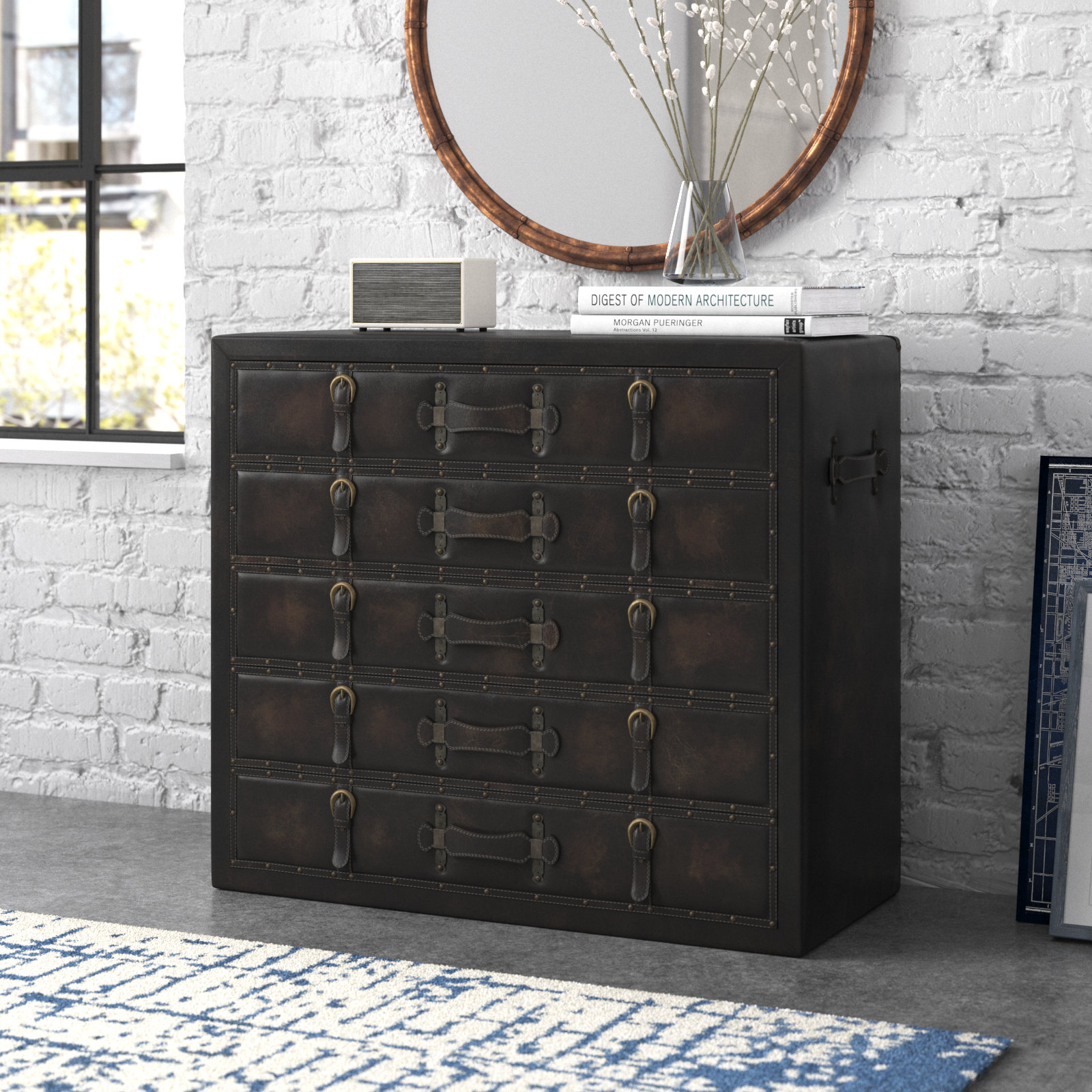 Steelside™ Wooden Vintage Faux Leather Room Chest with Buckles and ...