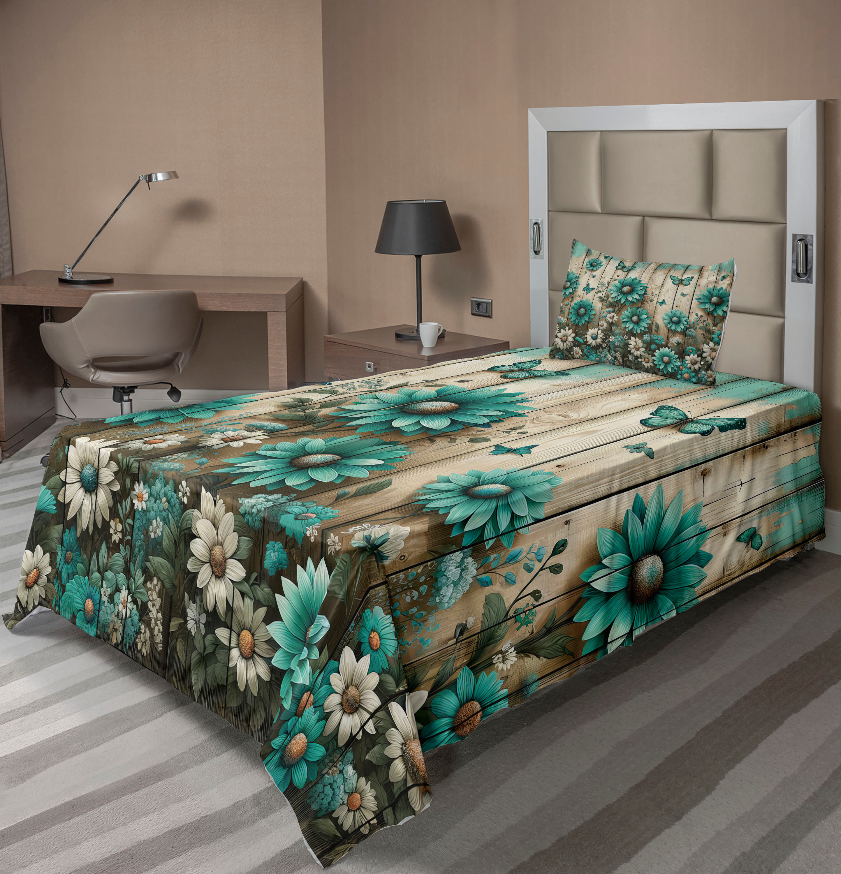 Ambesonne Rustic Sheet Set Farmhouse Cold Tone Daisies Turquoise and ...