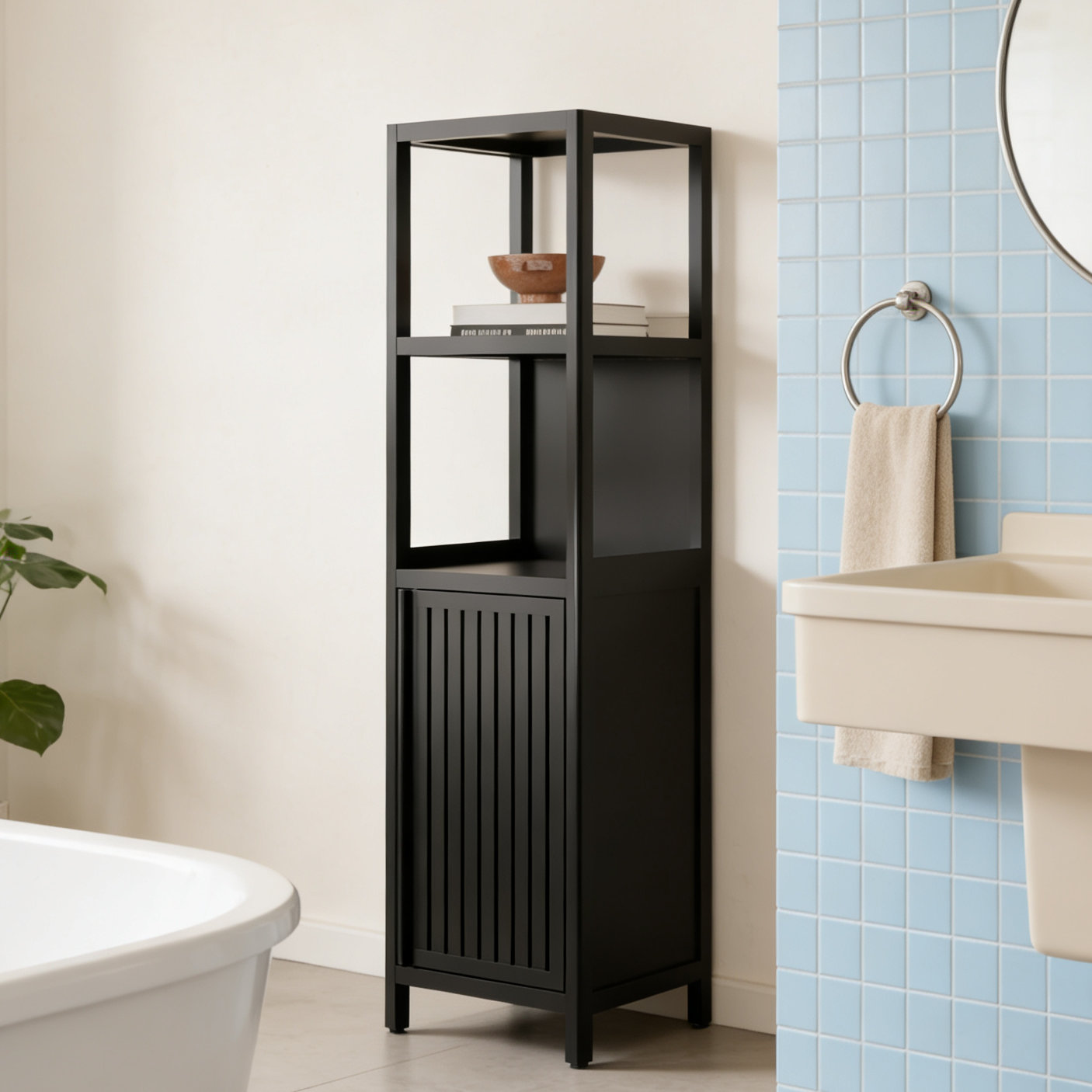 Ebern Designs A 52-foot-tall black linen tower bamboo storage cabinet ...