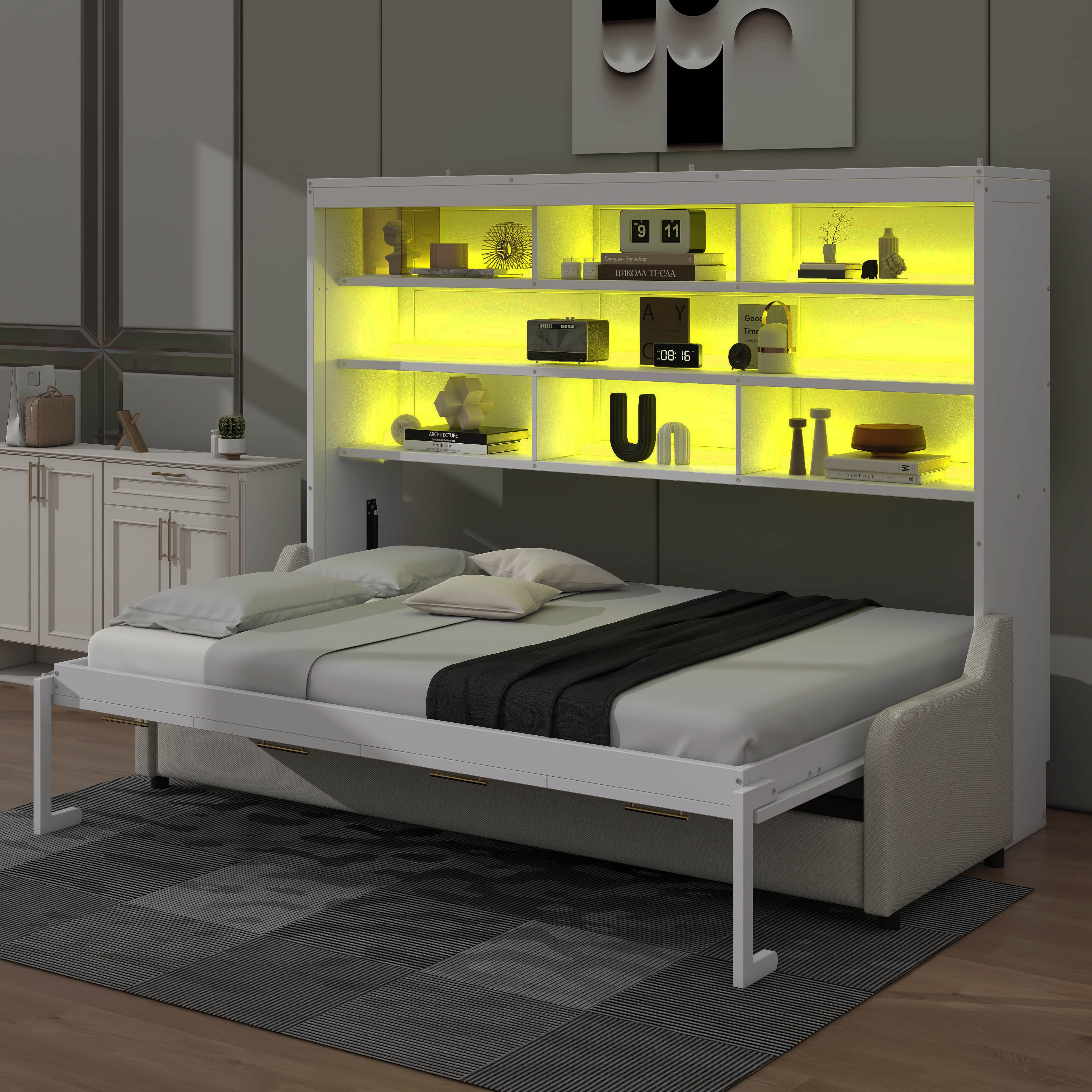 Orren Ellis Murphy Wall Bed With Convertible Sofa, Integrated Storage Racks And Illuminating LED ...