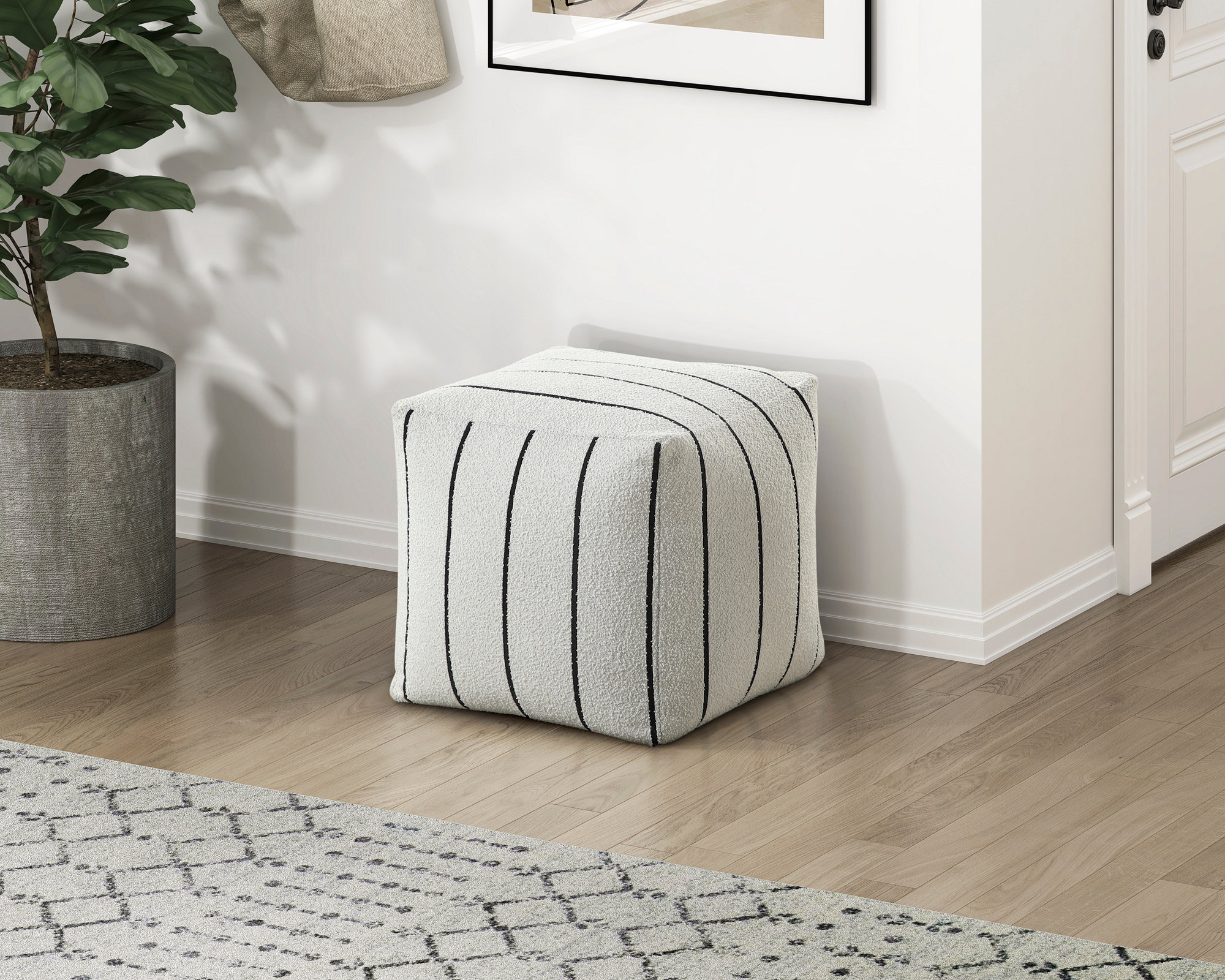 Latitude Run® Modern Square Pouf Off-White Jacquard Fabric Upholstered ...