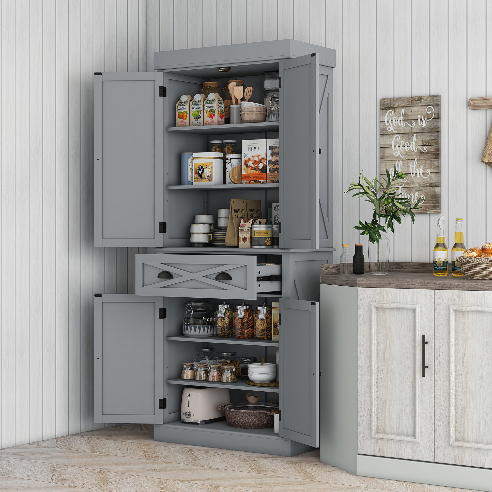 Gracie Oaks 72" Kitchen Pantry Storage Cabinet, Traditional ...