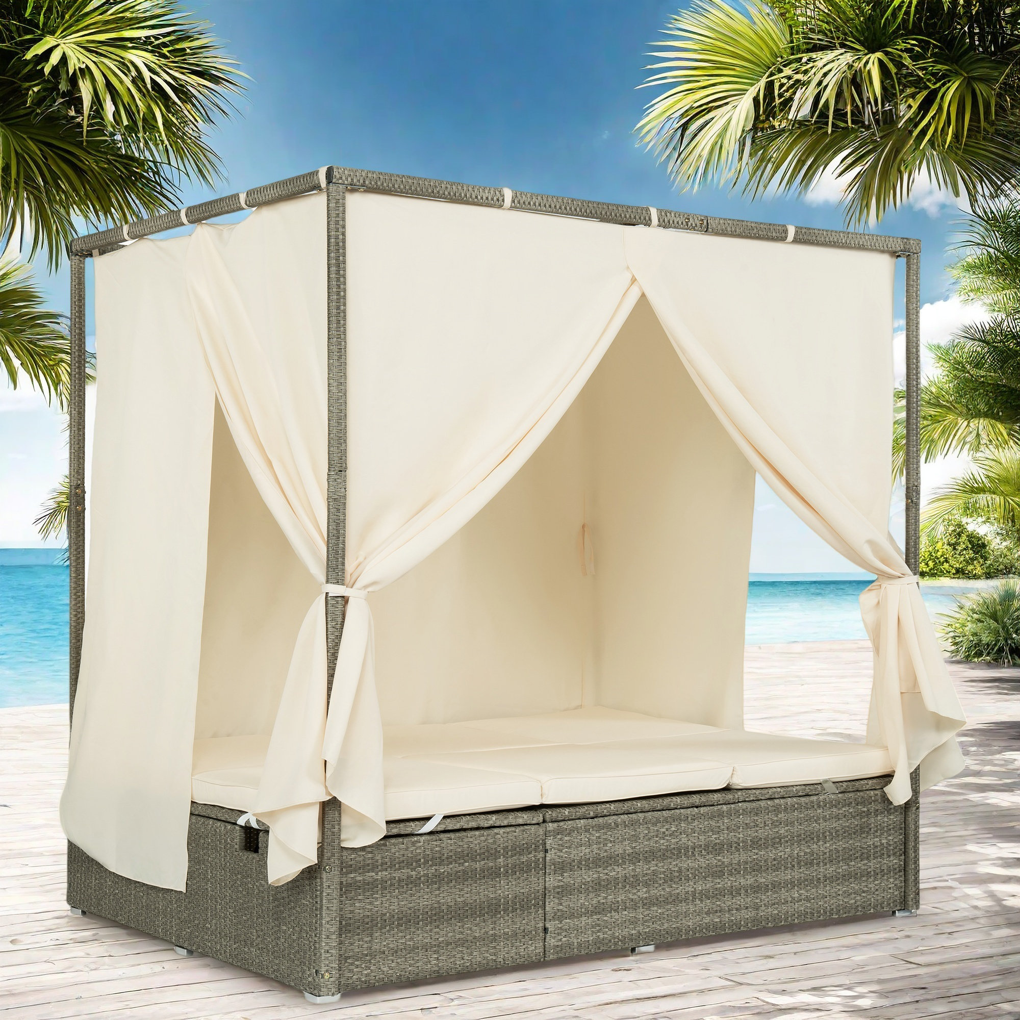 Latitude Run® Outdoor Sun Bed With Curtain And Adjustable Backrest ...